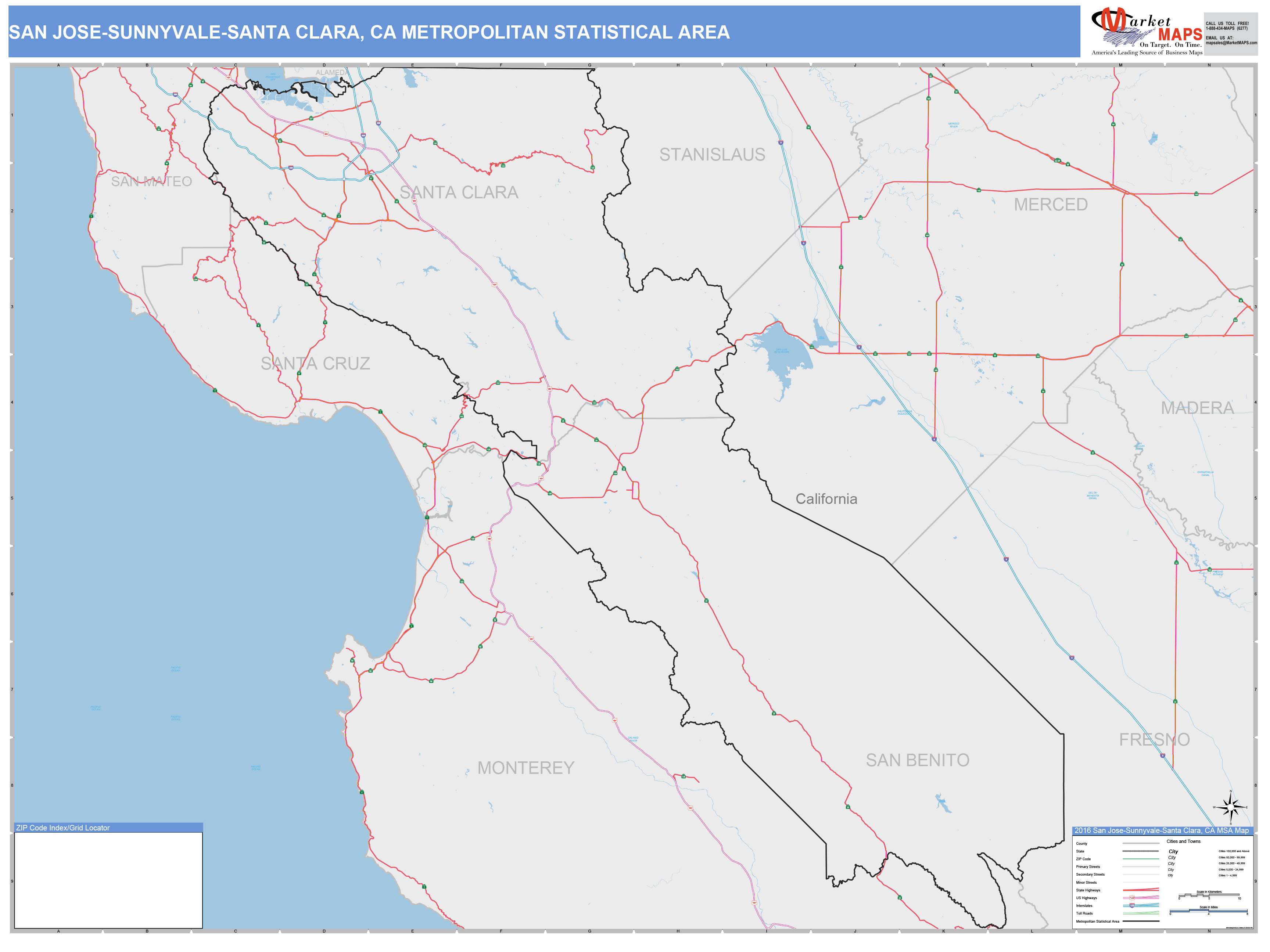 San Jose-Sunnyvale-Santa Clara, CA Metro Area Wall Map Color Cast Style ...