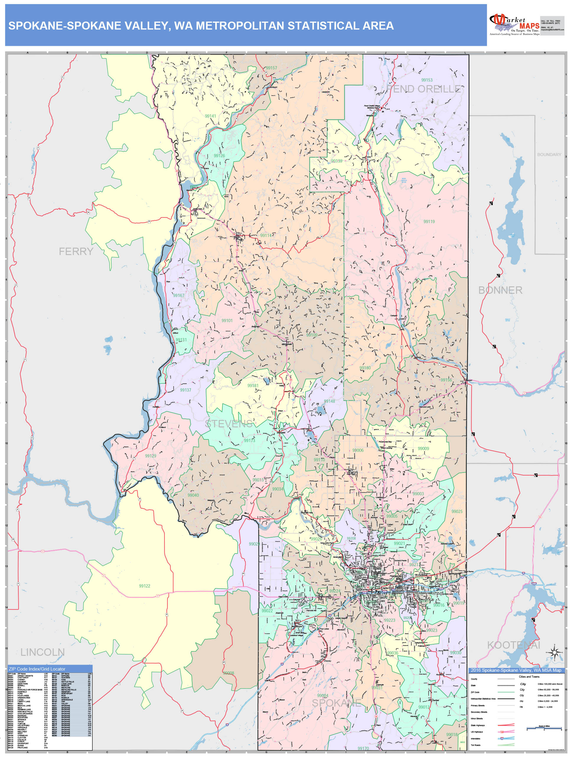 Spokane-Spokane Valley, WA Metro Area Wall Map Color Cast Style by ...