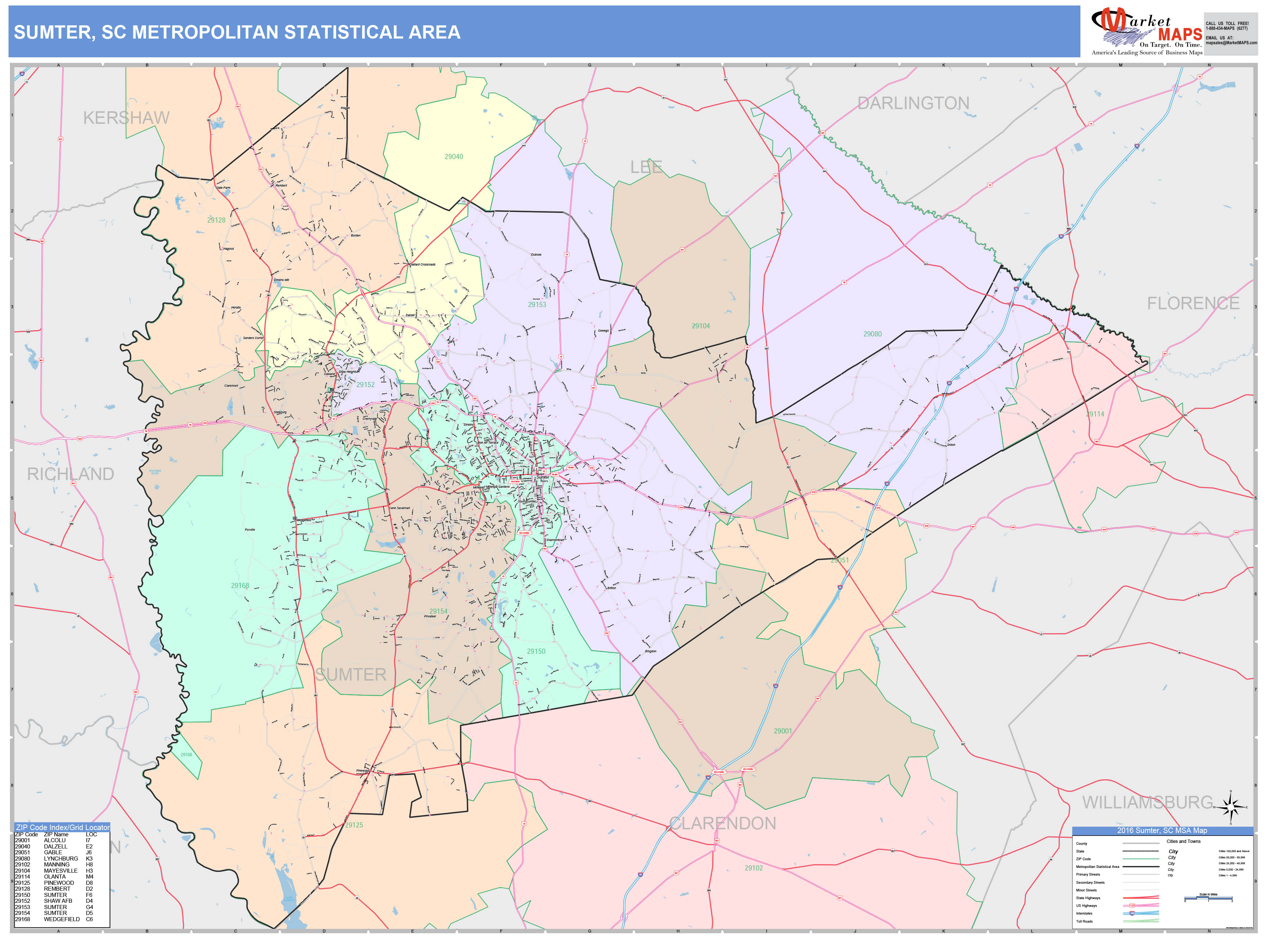 Sumter, SC Metro Area Wall Map Color Cast Style by MarketMAPS ...