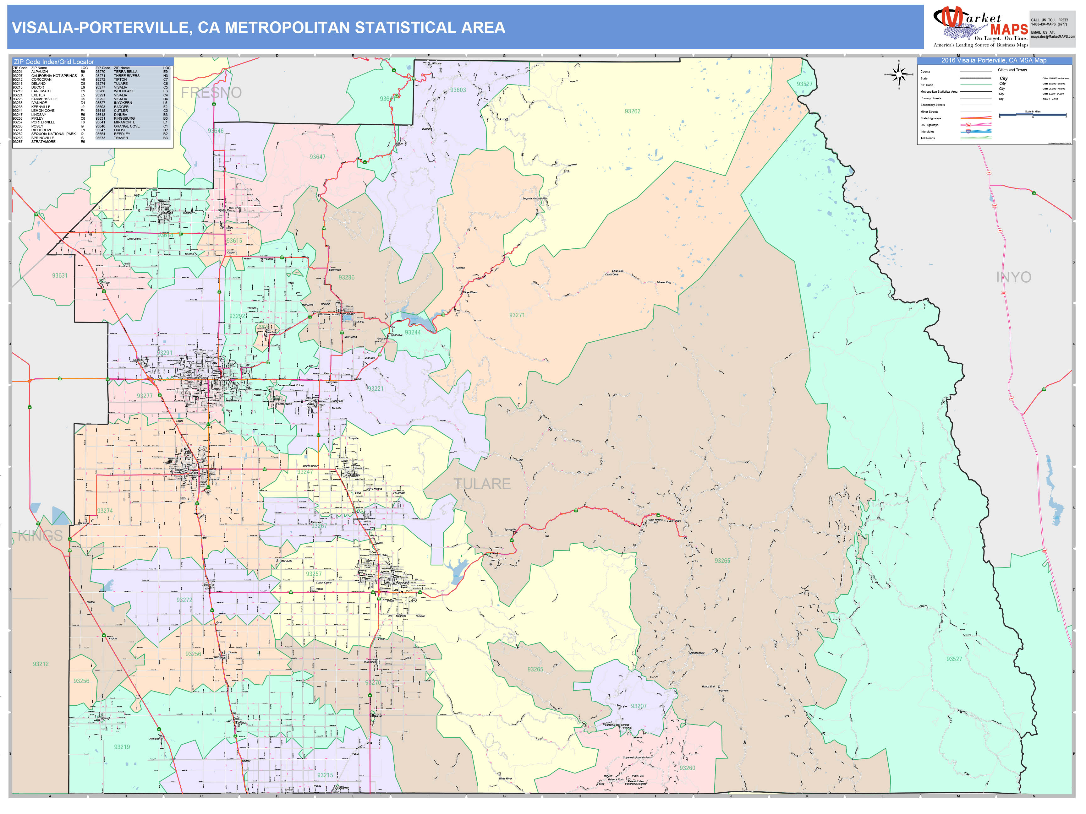 Visalia-Porterville, CA Metro Area Wall Map Color Cast Style by MarketMAPS