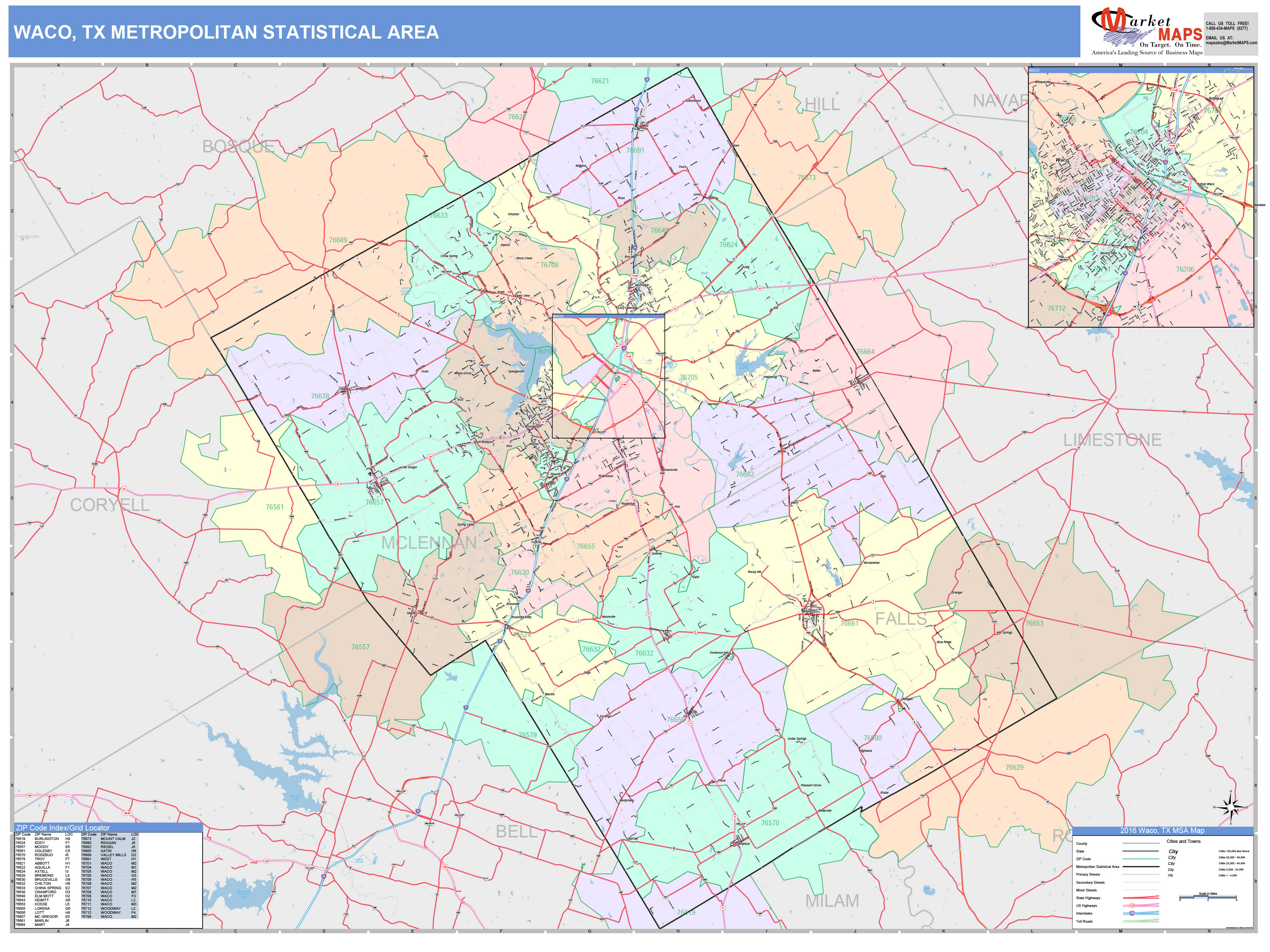 Waco, TX Metro Area Wall Map Color Cast Style by MarketMAPS - MapSales.com