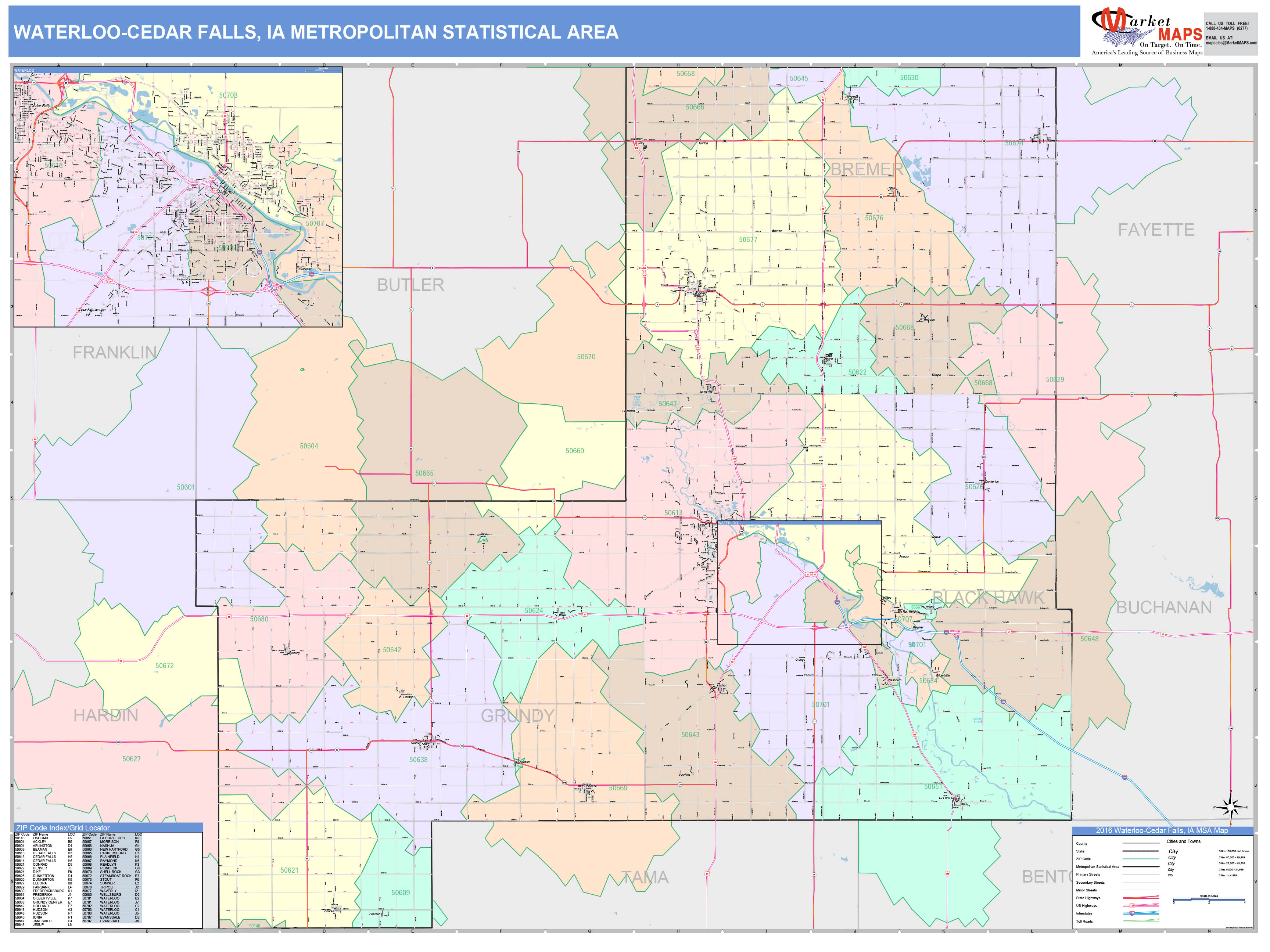 Waterloo-Cedar Falls, IA Metro Area Wall Map Color Cast Style by ...