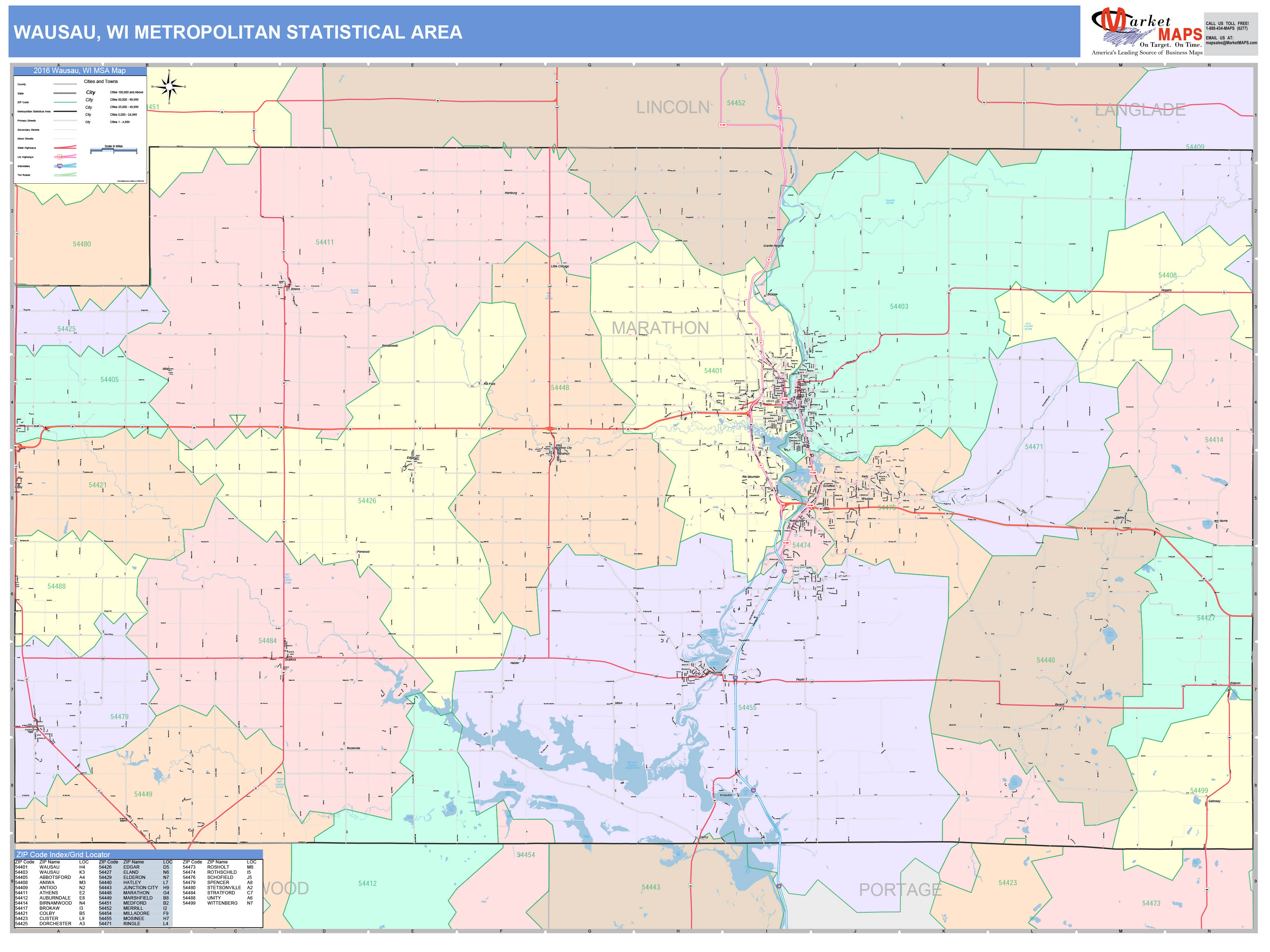 Wausau, WI Metro Area Wall Map Color Cast Style by MarketMAPS ...