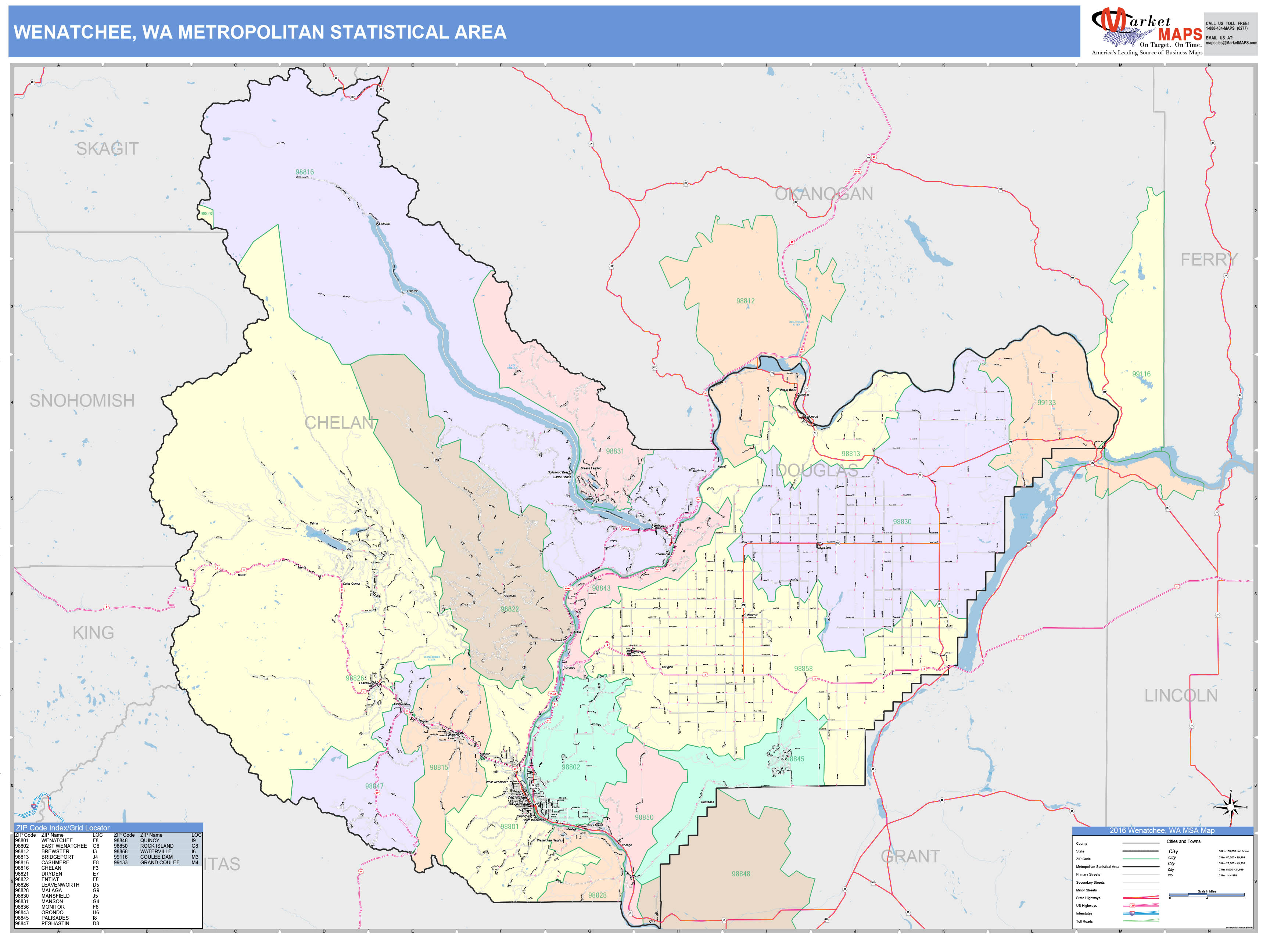 Wenatchee, WA Metro Area Wall Map Color Cast Style by MarketMAPS - MapSales