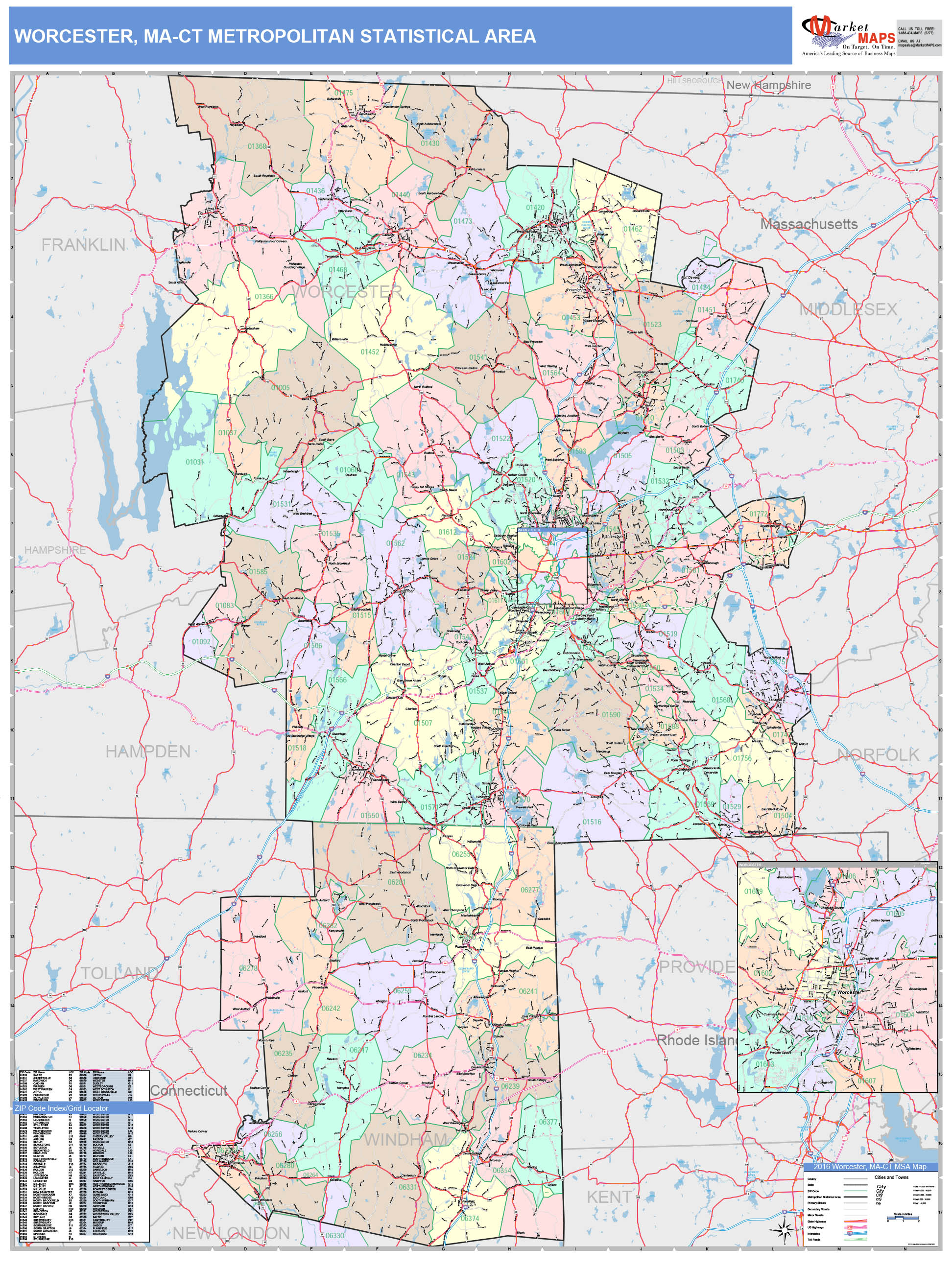 Worcester, MA Metro Area Wall Map Color Cast Style by MarketMAPS ...