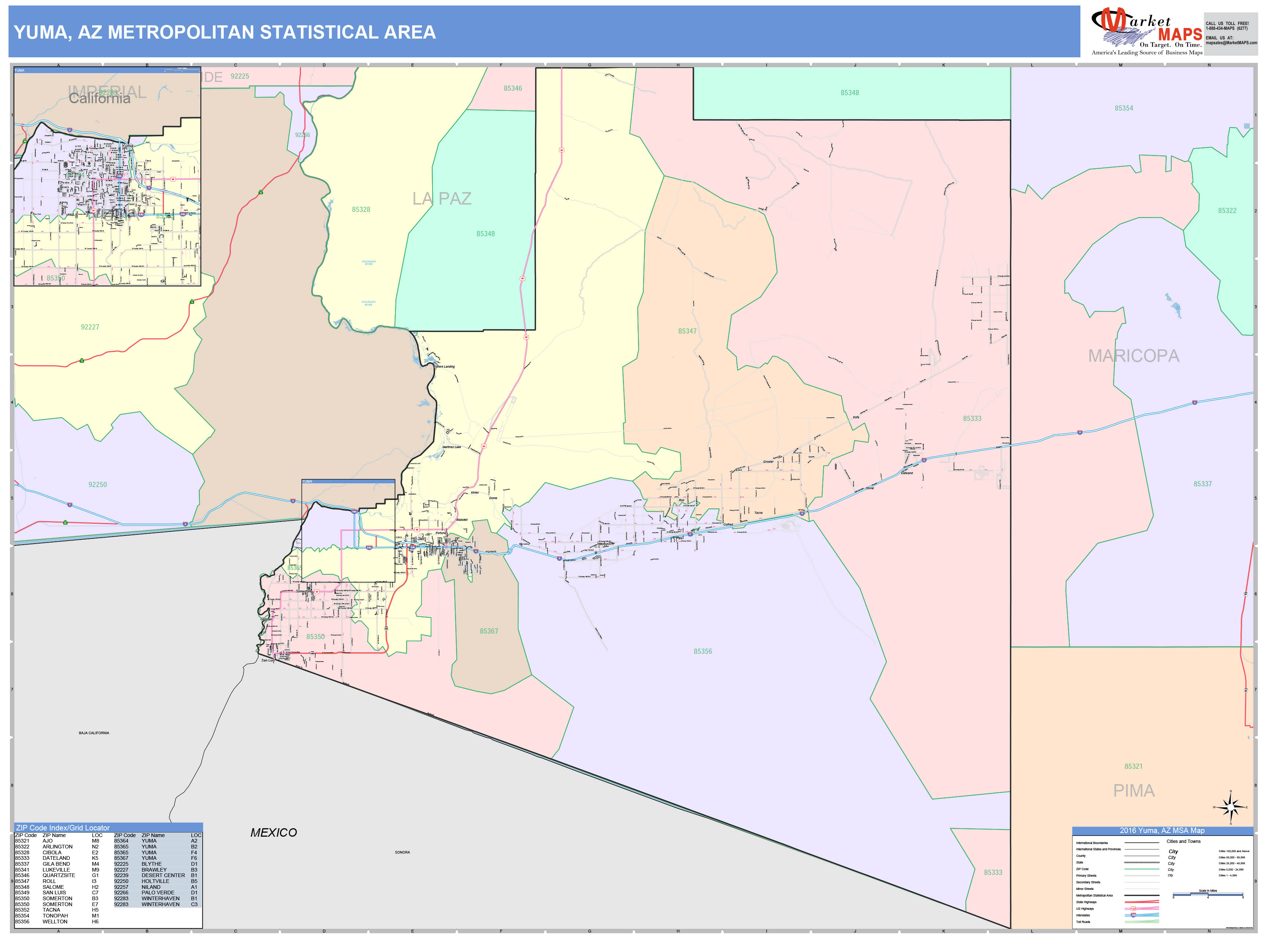 Yuma, AZ Metro Area Wall Map Color Cast Style by MarketMAPS - MapSales