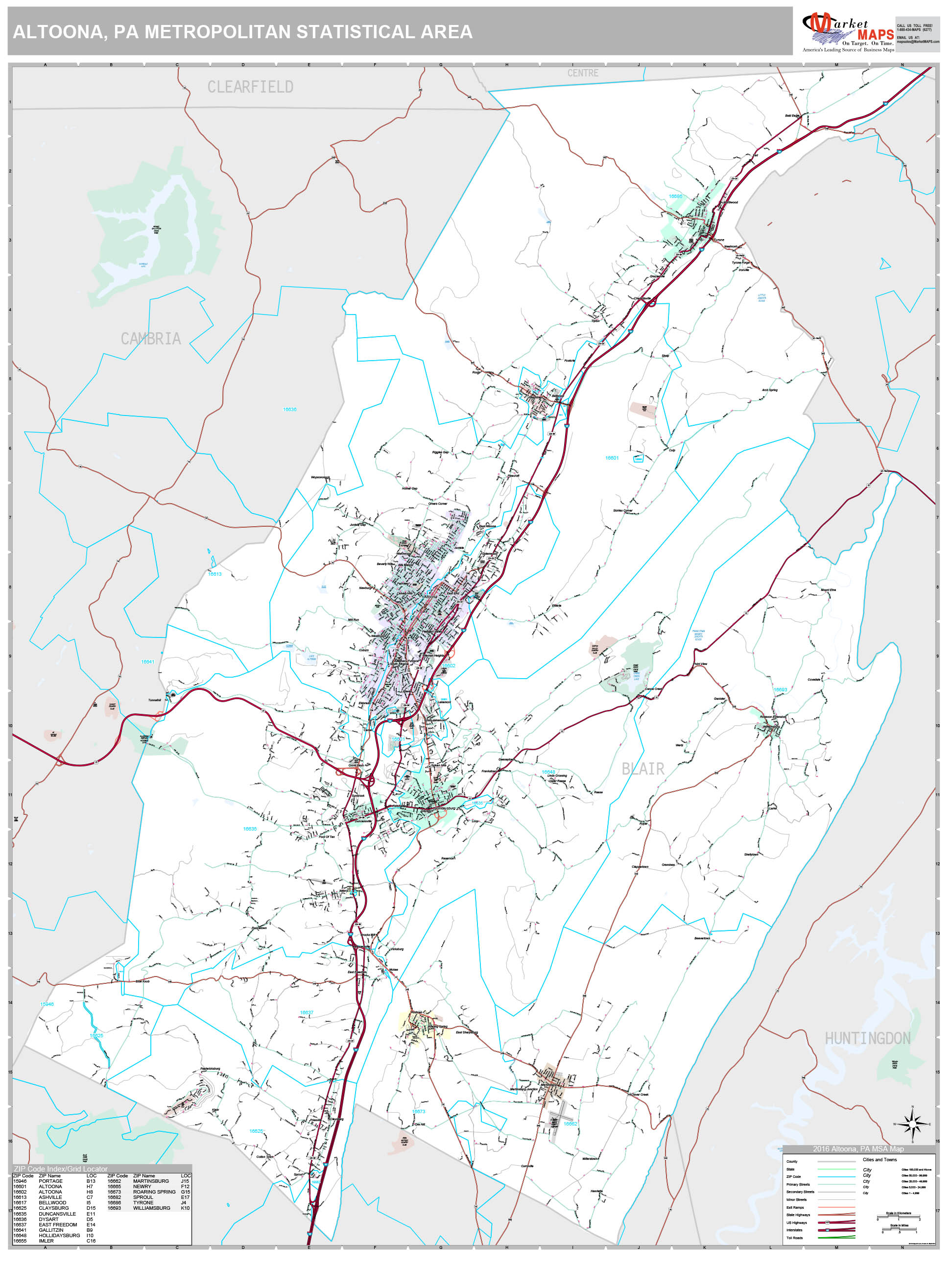 Altoona, PA Metro Area Wall Map Premium Style by MarketMAPS - MapSales
