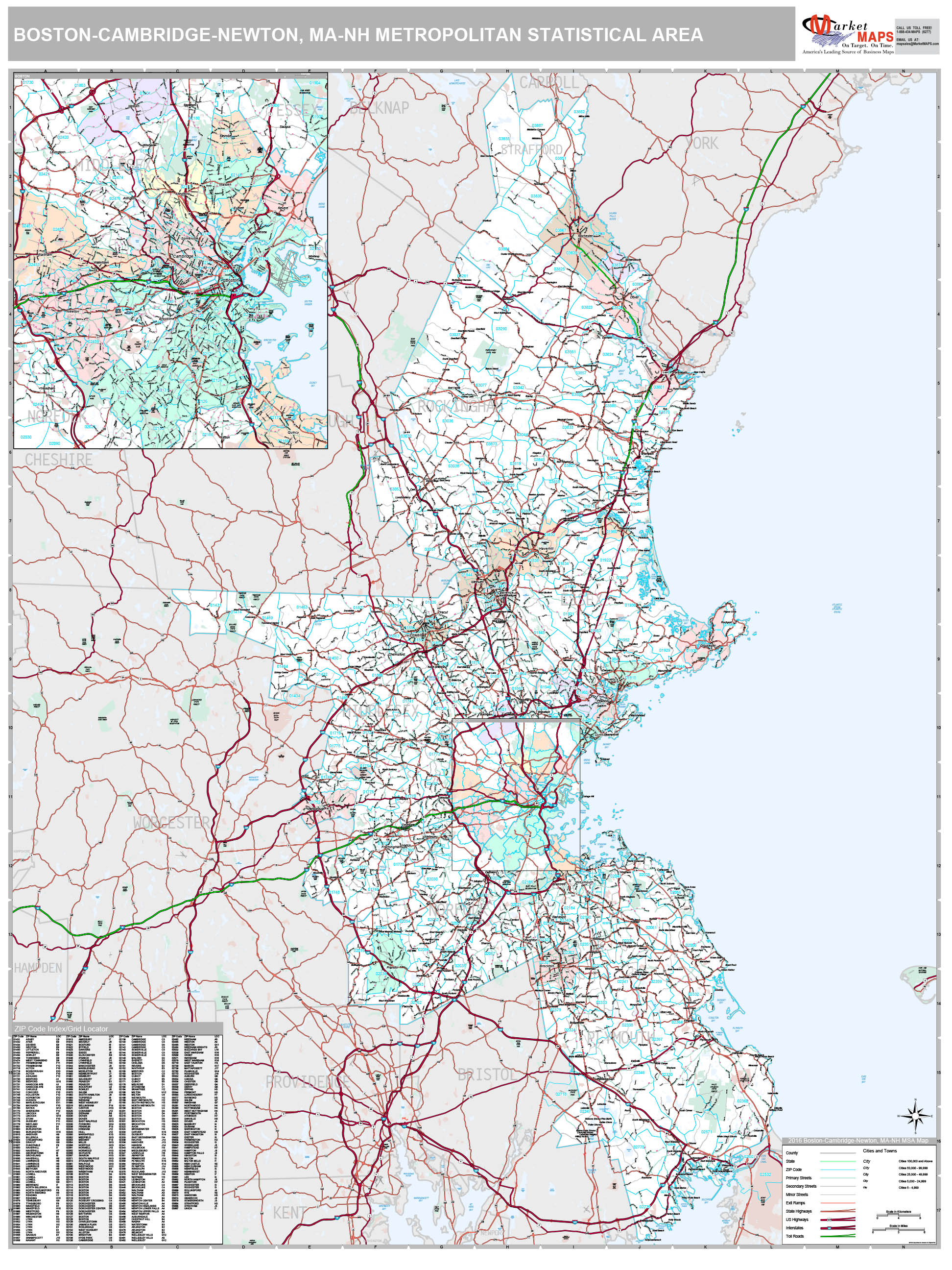 Boston-Cambridge-Newton, MA Metro Area Wall Map Premium Style by ...