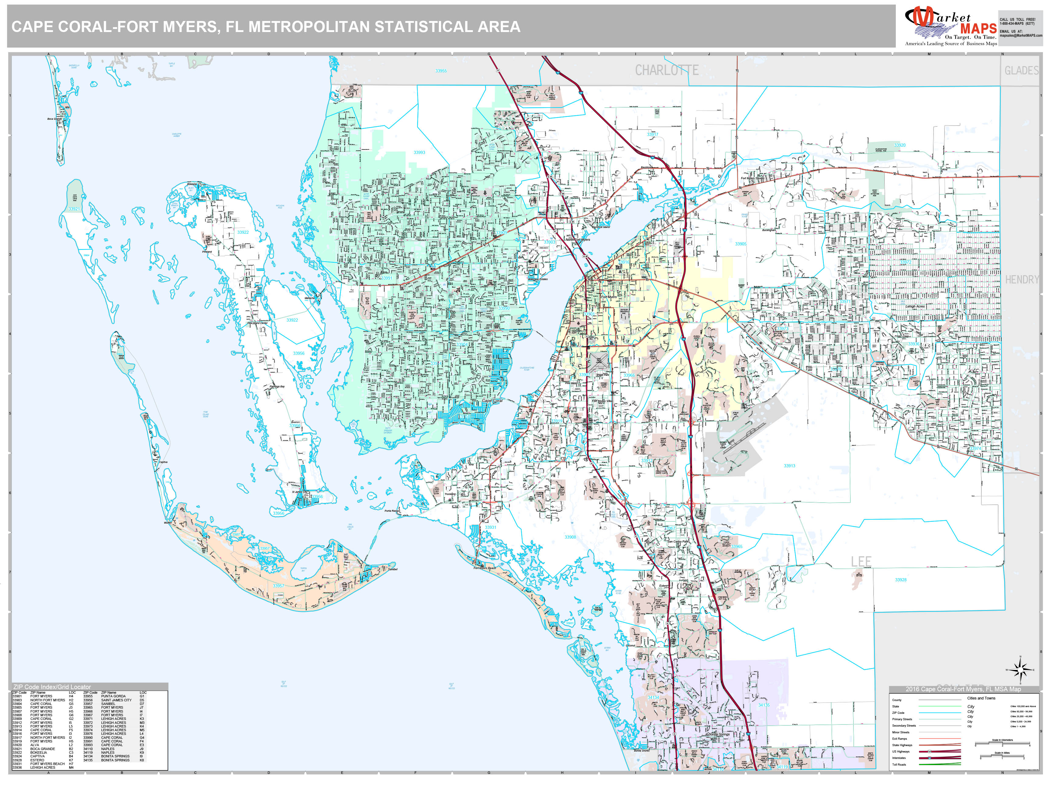 Cape Coral-Fort Myers, FL Metro Area Wall Map Premium Style by MarketMAPS
