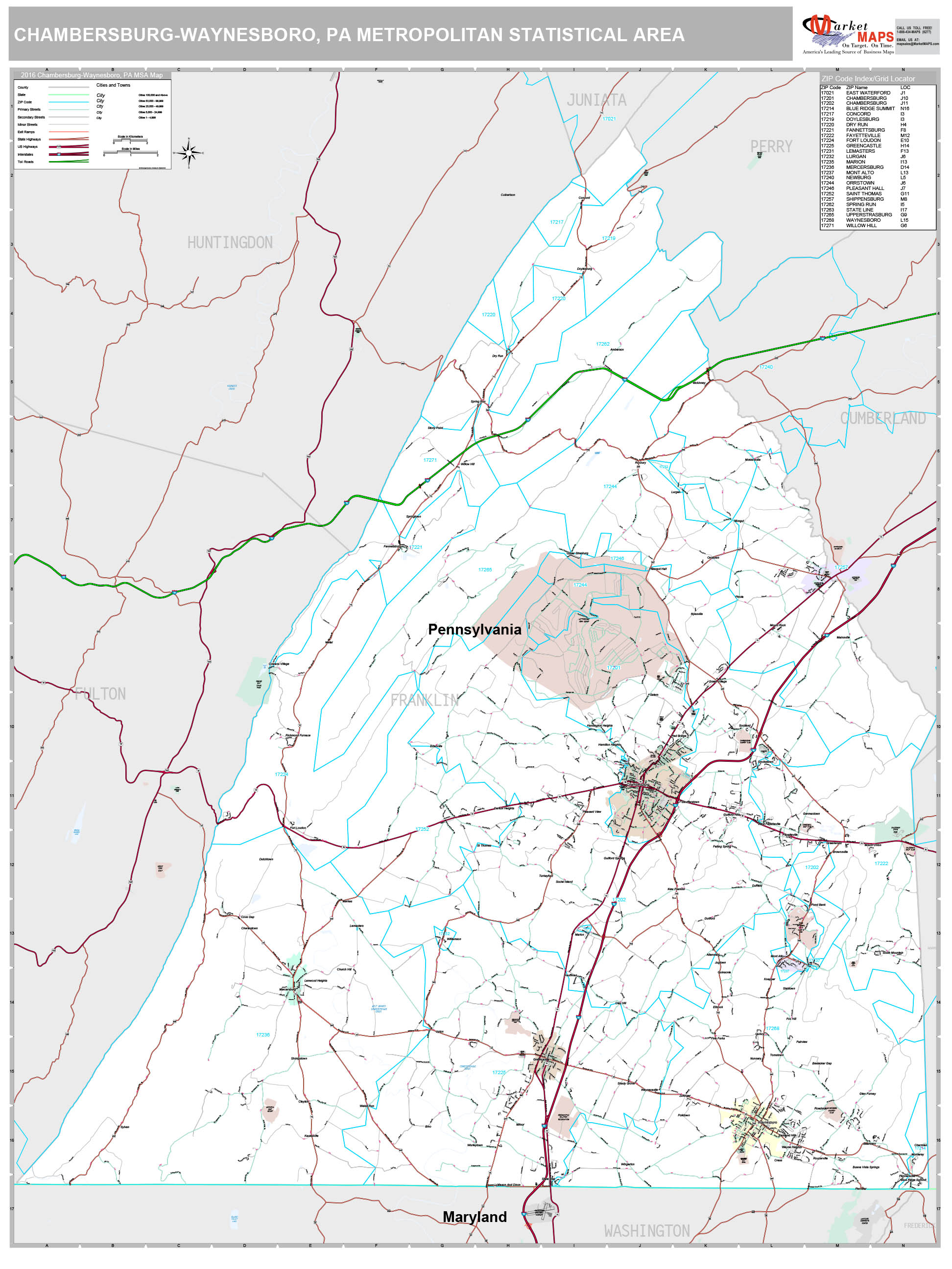 Chambersburg-Waynesboro, PA Metro Area Wall Map Premium Style by MarketMAPS