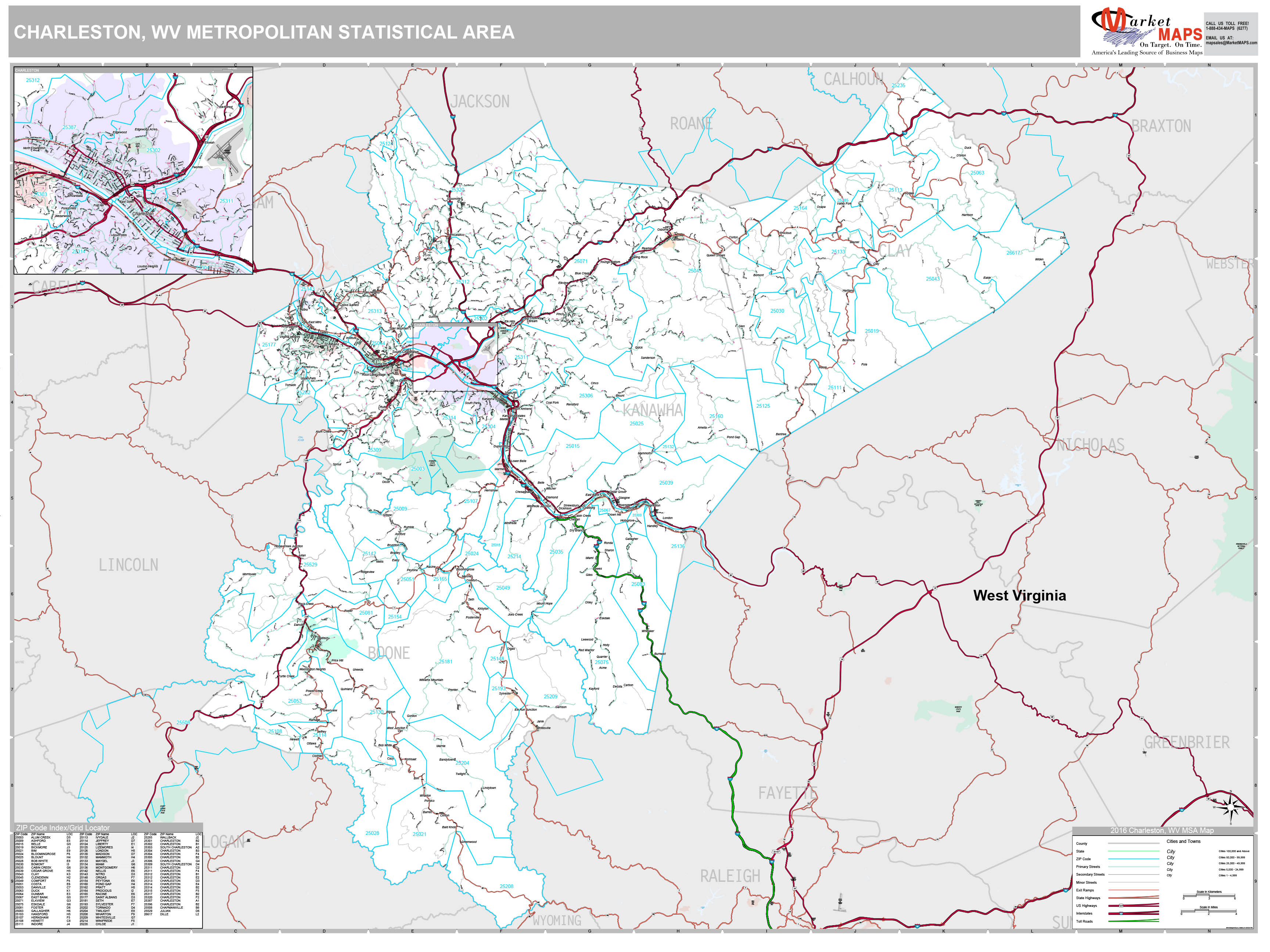 Charleston, WV Metro Area Wall Map Premium Style by MarketMAPS - MapSales