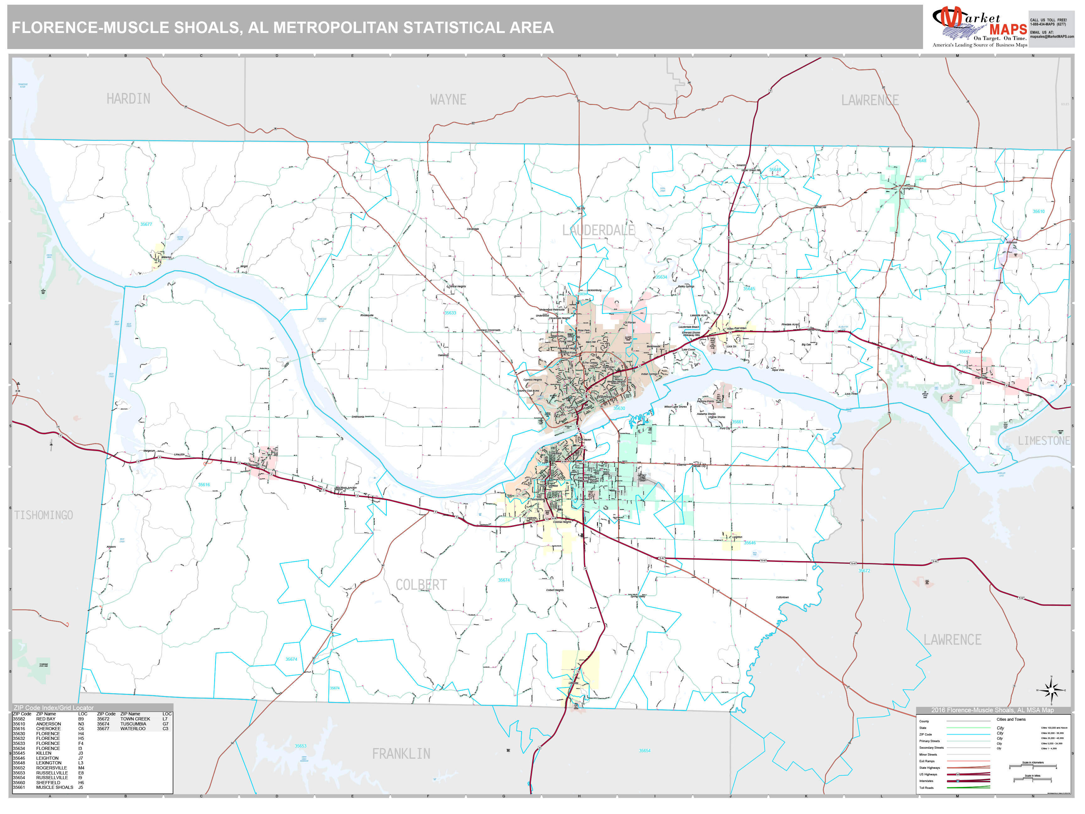 Florence-Muscle Shoals, AL Metro Area Wall Map Premium Style by MarketMAPS