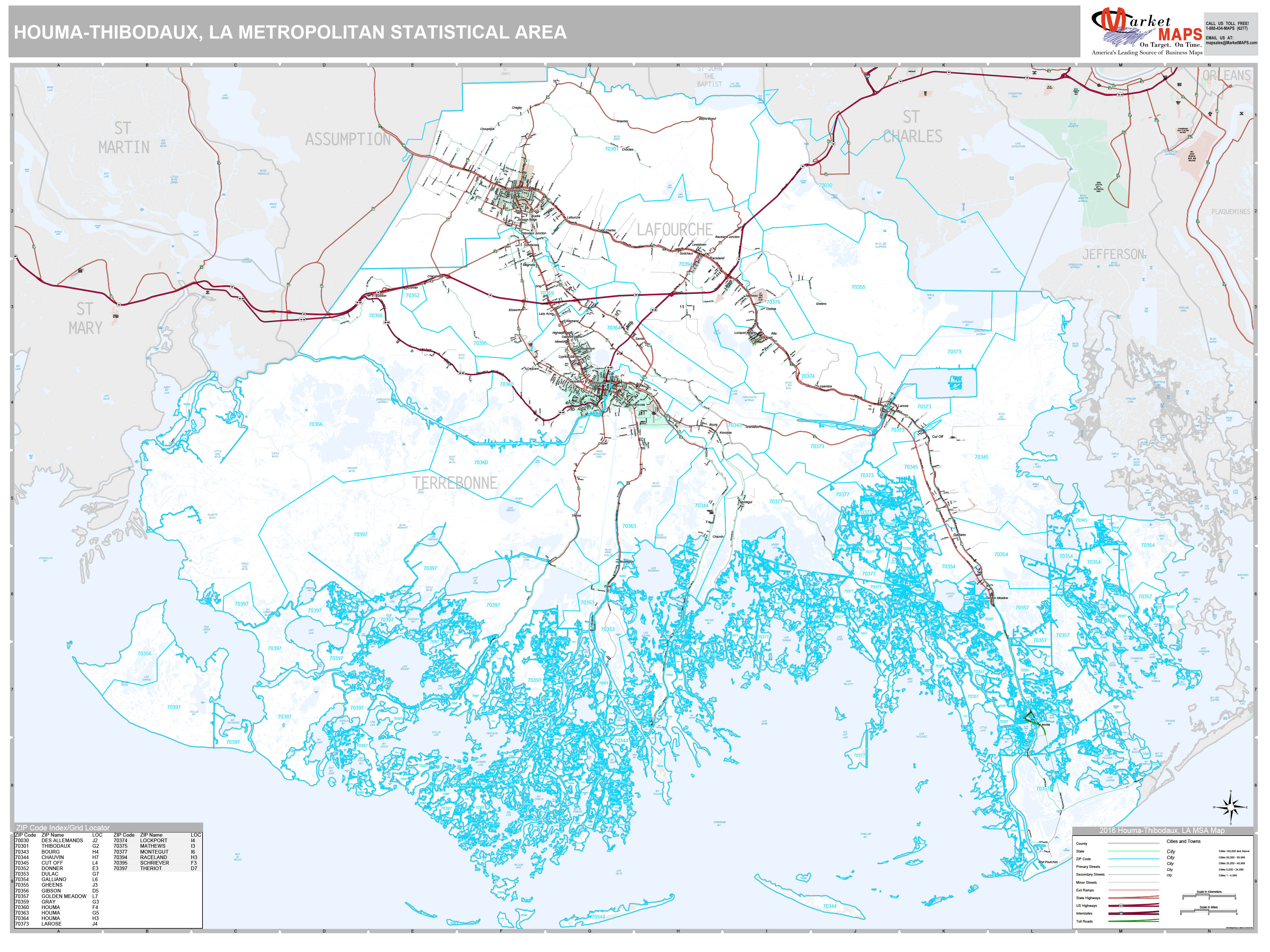 Houma-Thibodaux, LA Metro Area Wall Map Premium Style by MarketMAPS ...