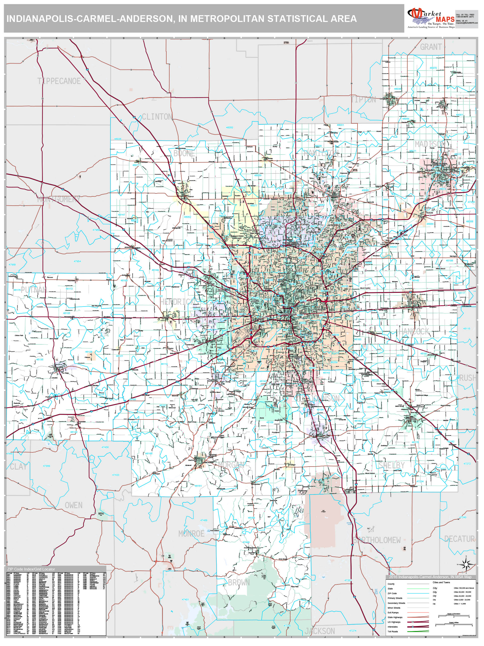 Indianapolis-Carmel-Anderson, IN Metro Area Wall Map Premium Style by ...
