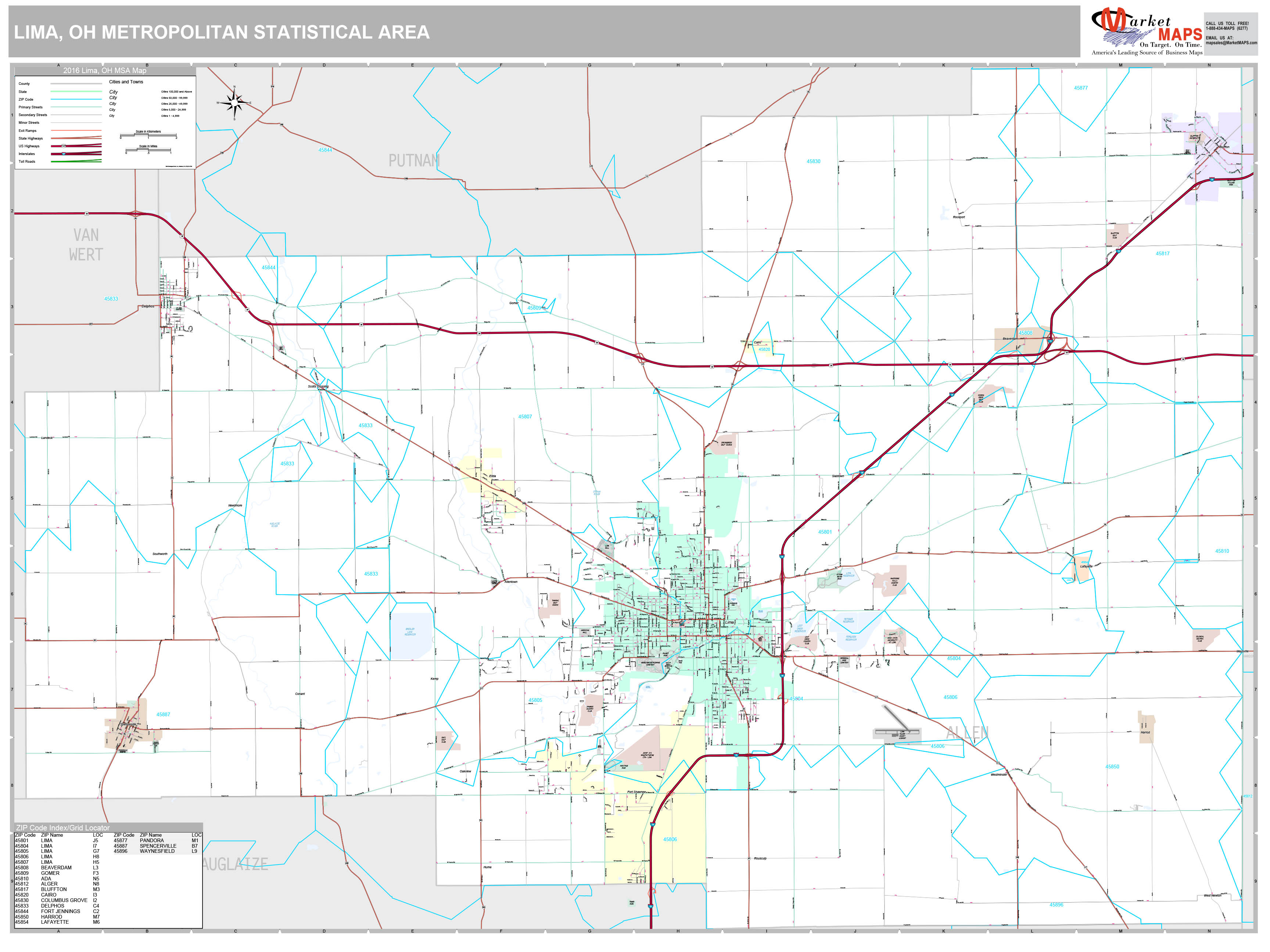 Lima, OH Metro Area Wall Map Premium Style by MarketMAPS - MapSales.com