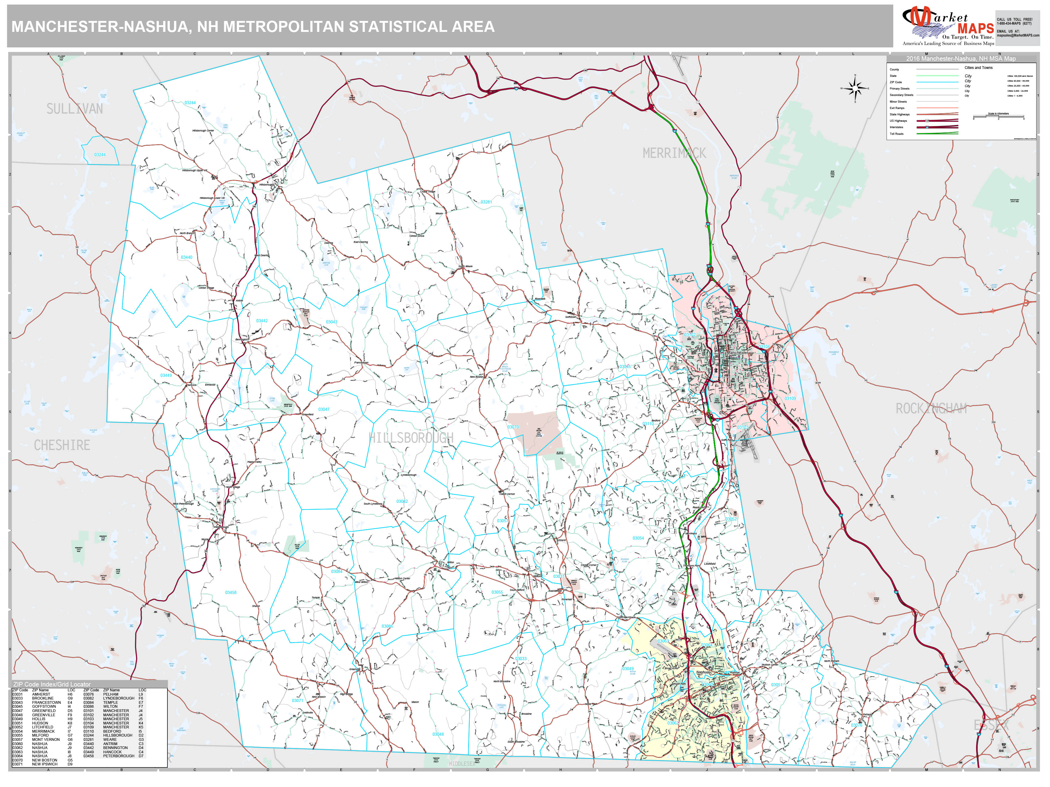 Manchester-Nashua, NH Metro Area Wall Map Premium Style by MarketMAPS