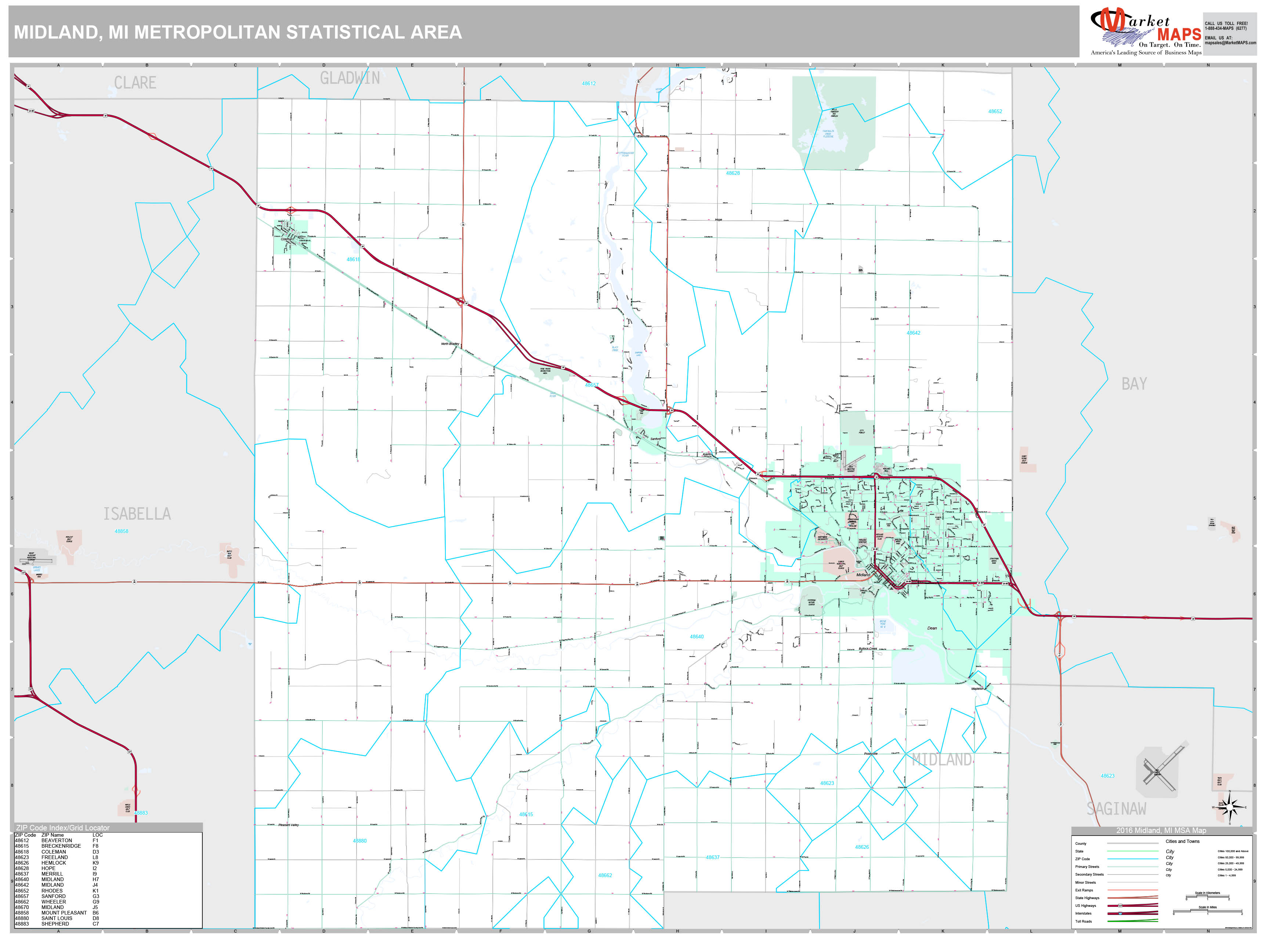 Midland, MI Metro Area Wall Map Premium Style by MarketMAPS - MapSales.com