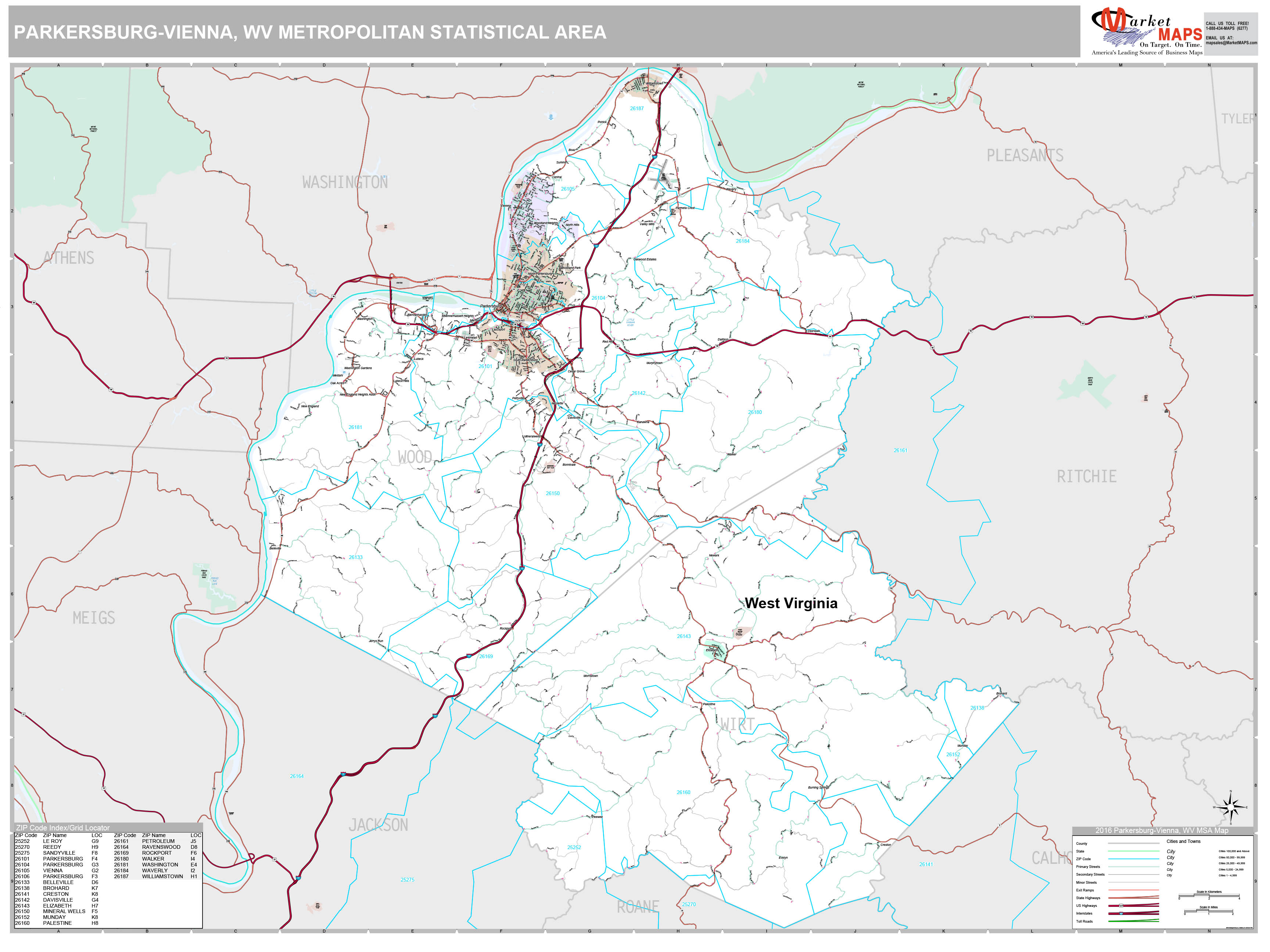 Parkersburg-Vienna, WV Metro Area Wall Map Premium Style by MarketMAPS
