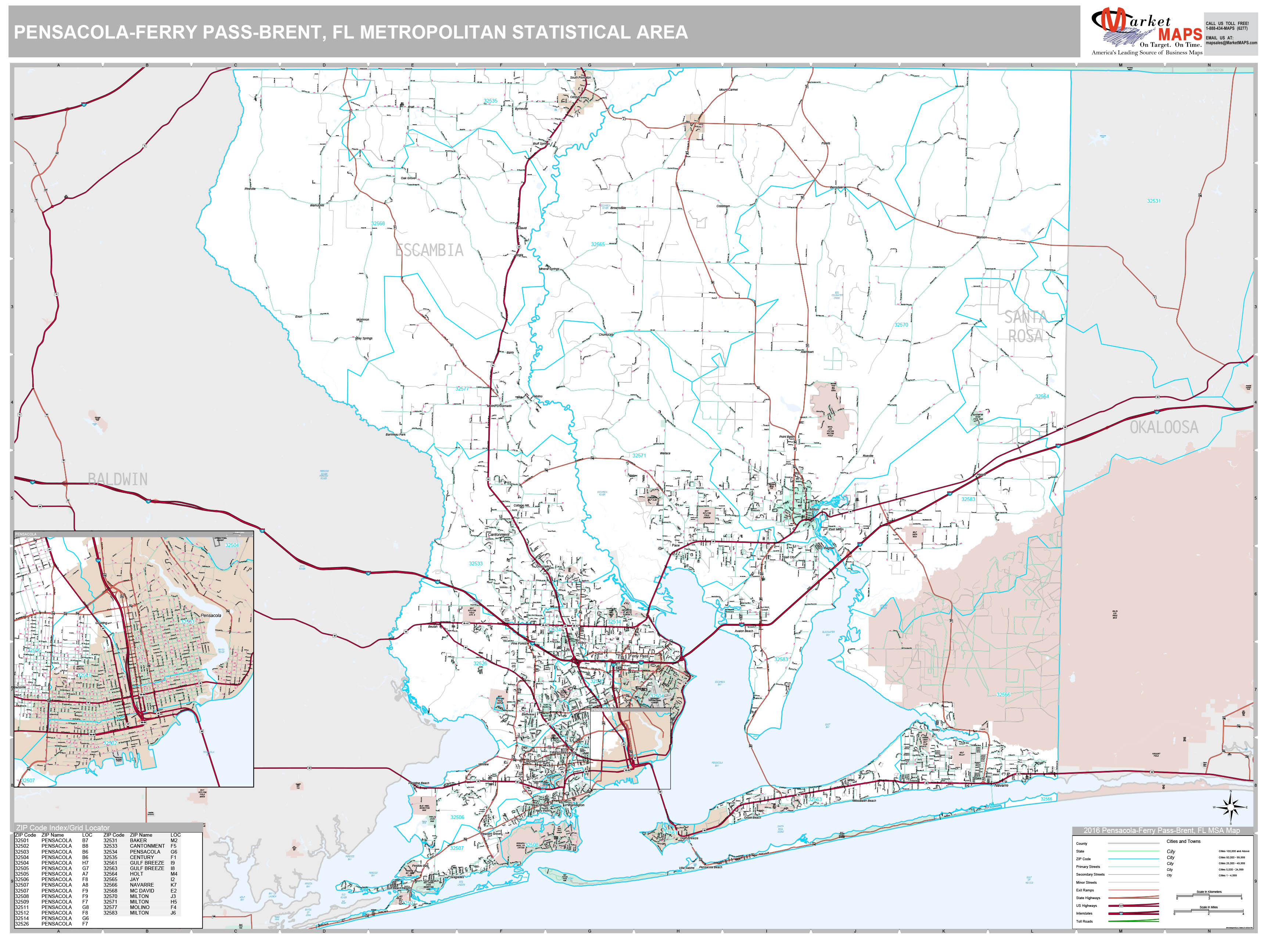 Pensacola-Ferry Pass-Brent, FL Metro Area Wall Map Premium Style by ...