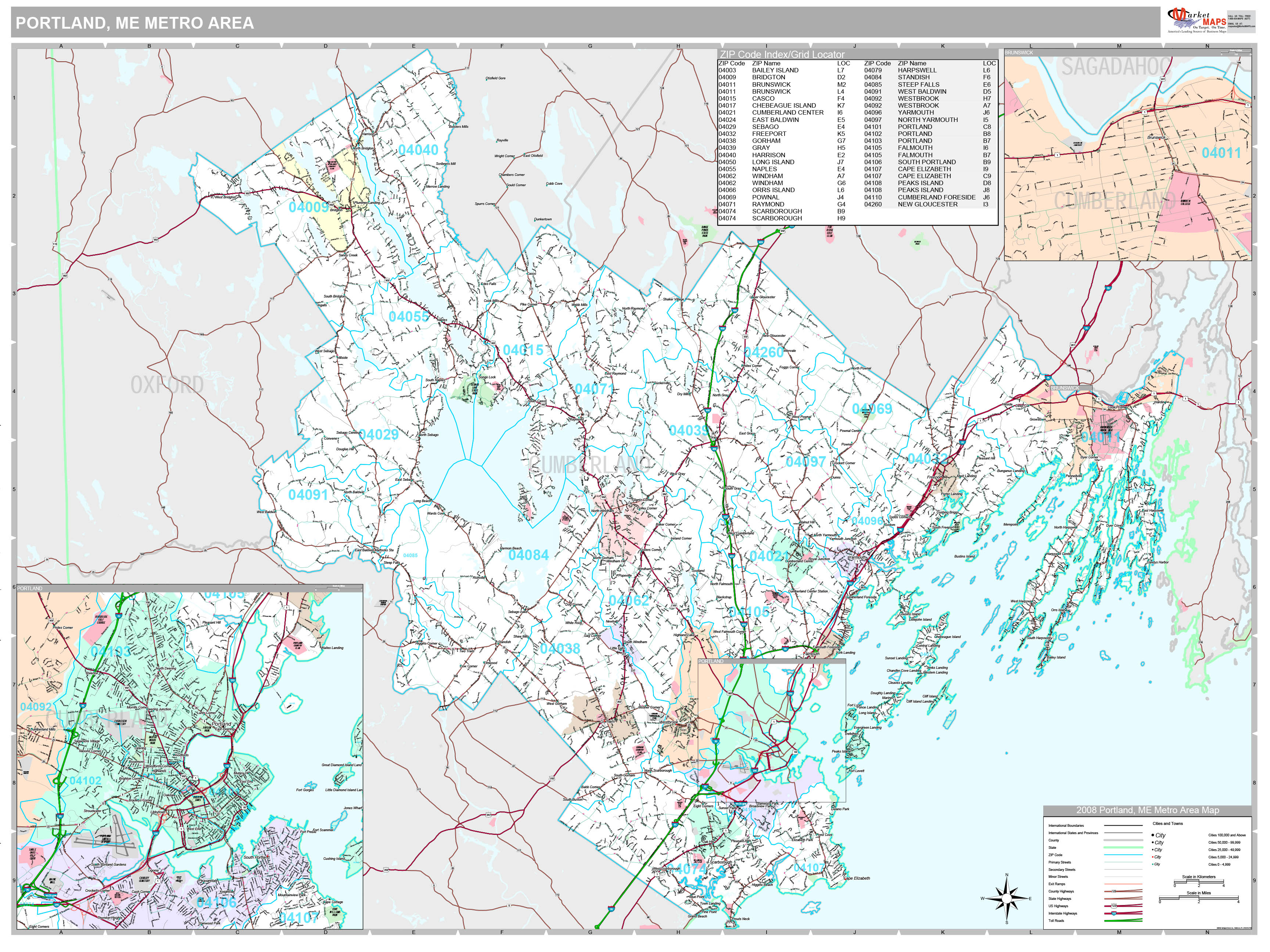 Portland-South Portland, ME Metro Area Wall Map Premium Style by ...