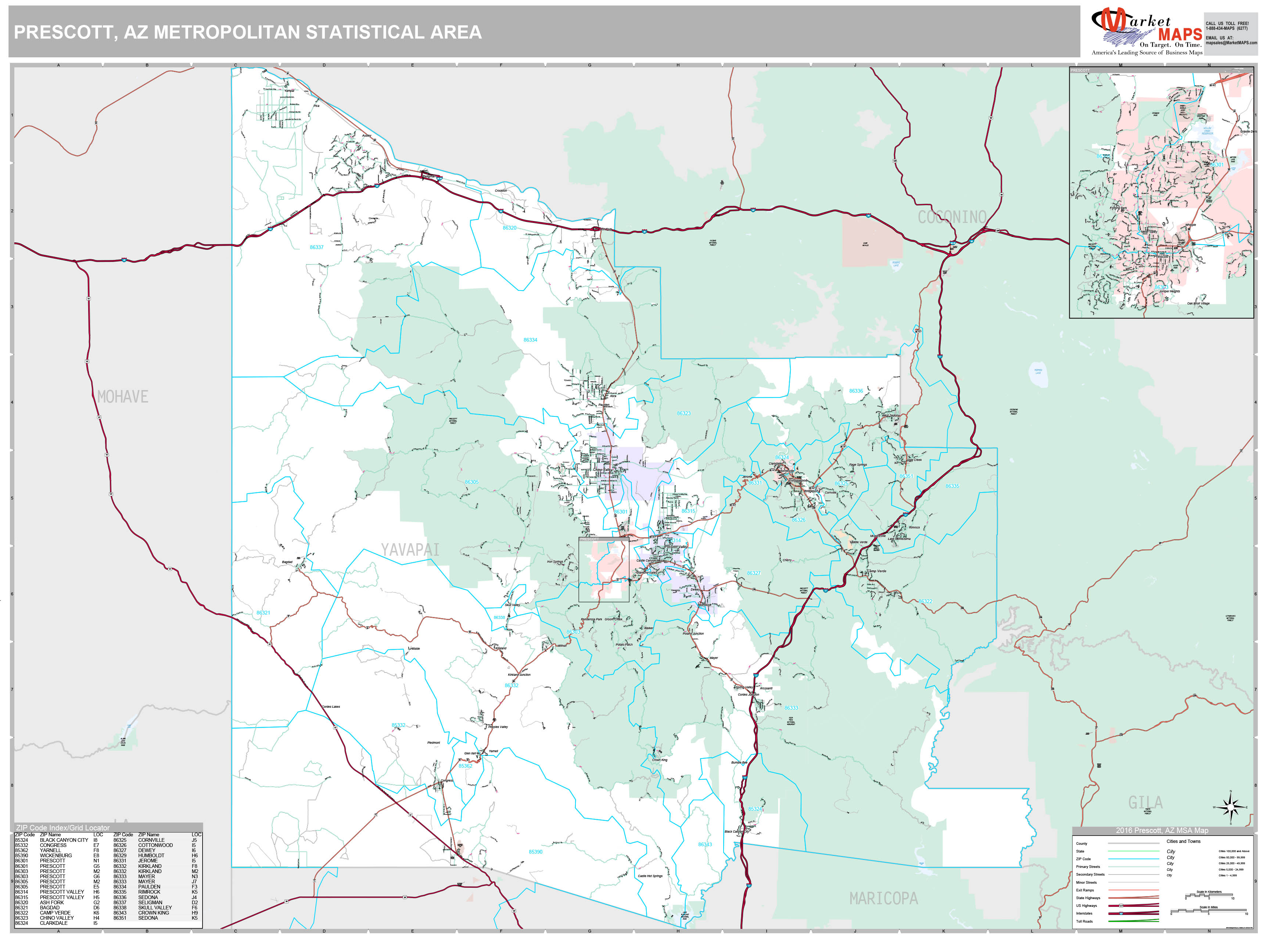 Prescott, AZ Metro Area Wall Map Premium Style by MarketMAPS - MapSales