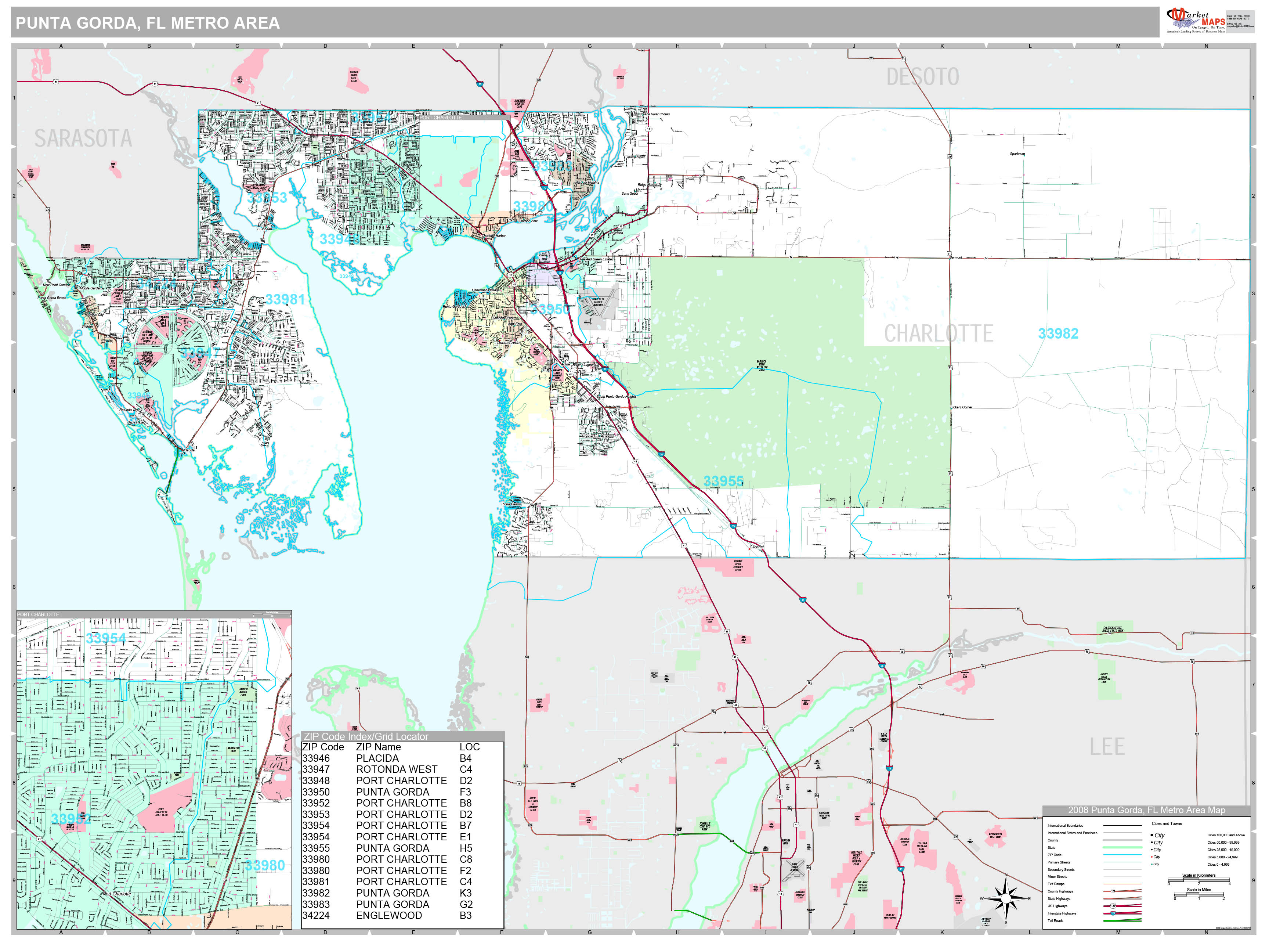 Punta Gorda, FL Metro Area Wall Map Premium Style by MarketMAPS