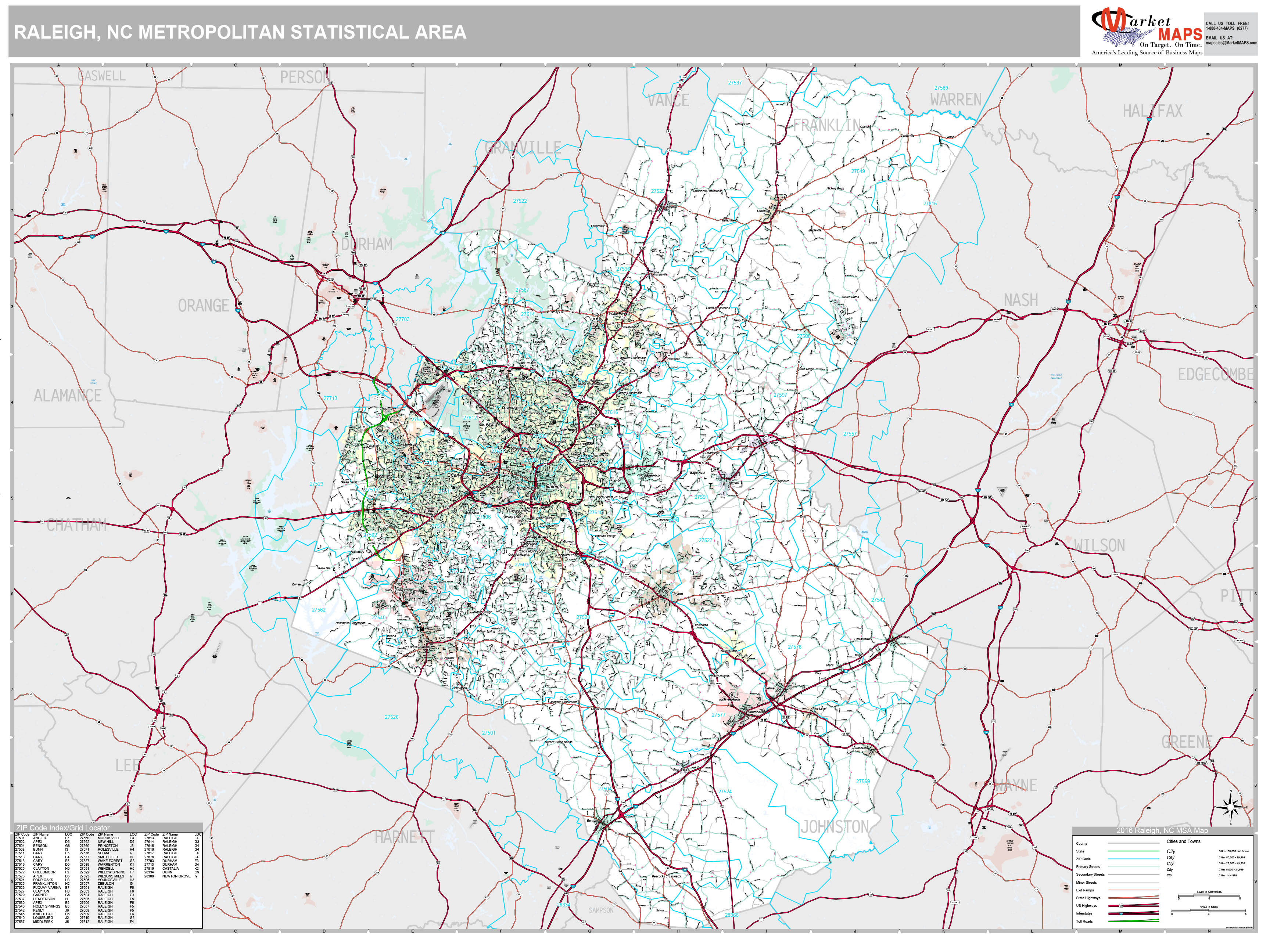 Raleigh, NC Metro Area Wall Map Premium Style by MarketMAPS - MapSales