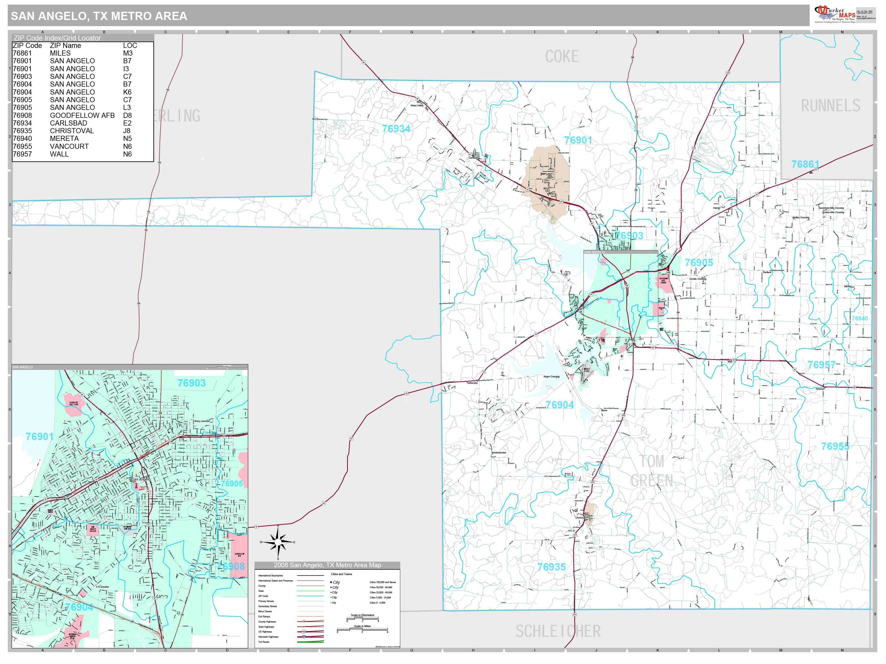 San Angelo, TX Metro Area Wall Map Premium Style by MarketMAPS