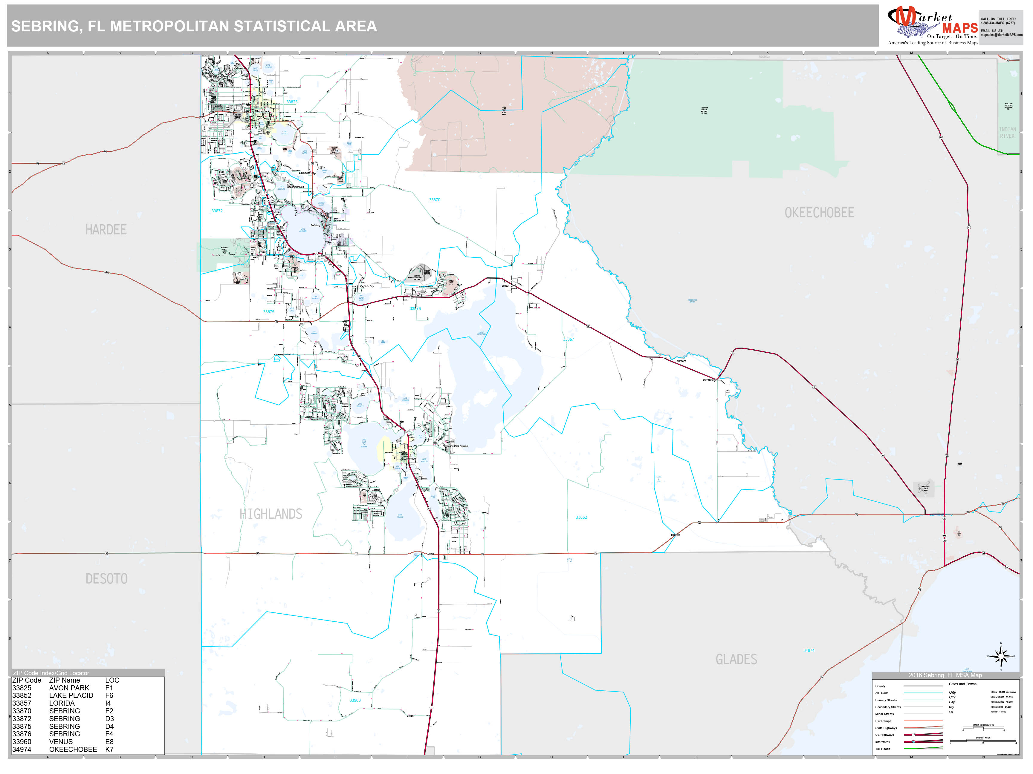 Sebring, FL Metro Area Wall Map Premium Style by MarketMAPS - MapSales