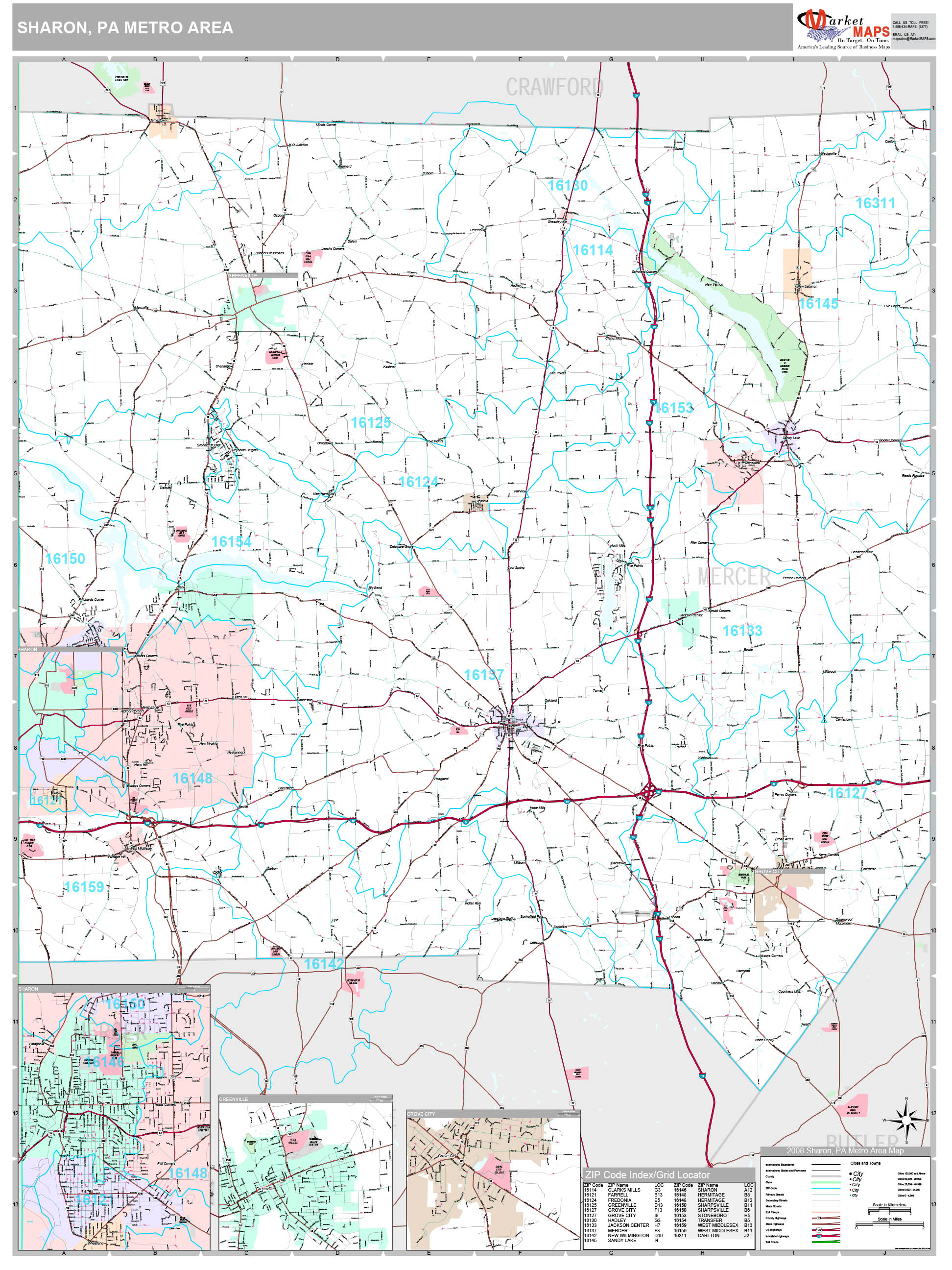 Sharon, PA Metro Area Wall Map Premium Style by MarketMAPS - MapSales