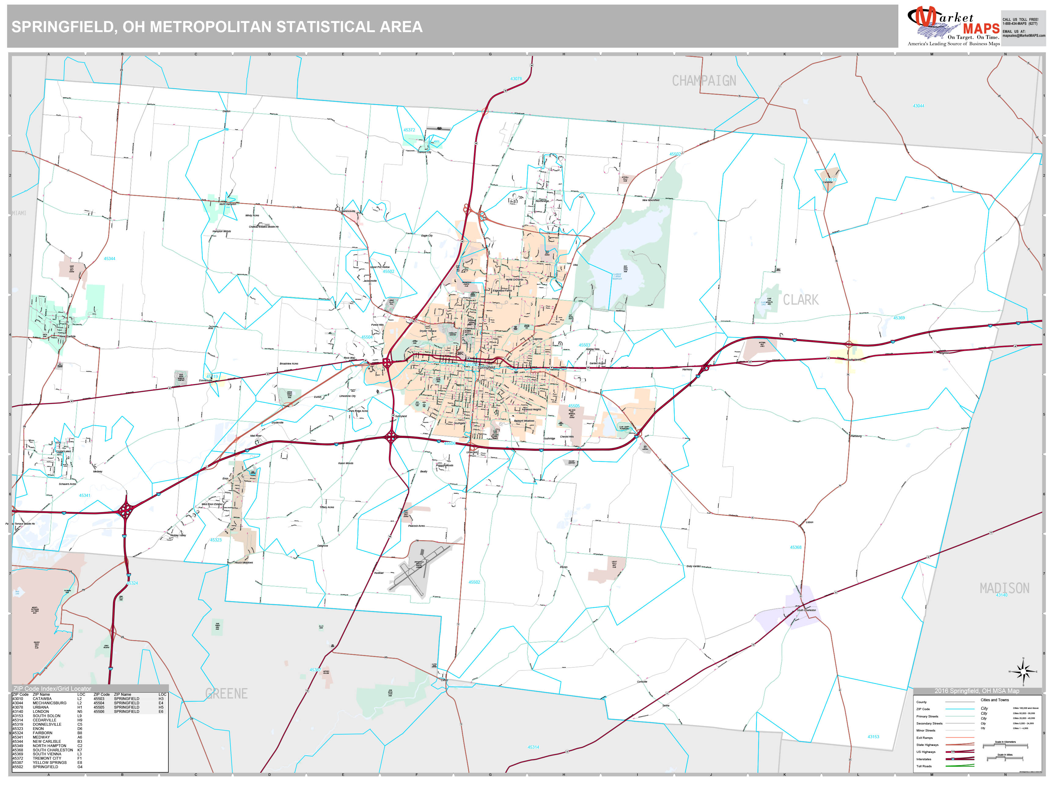 Springfield, OH Metro Area Wall Map Premium Style by MarketMAPS - MapSales