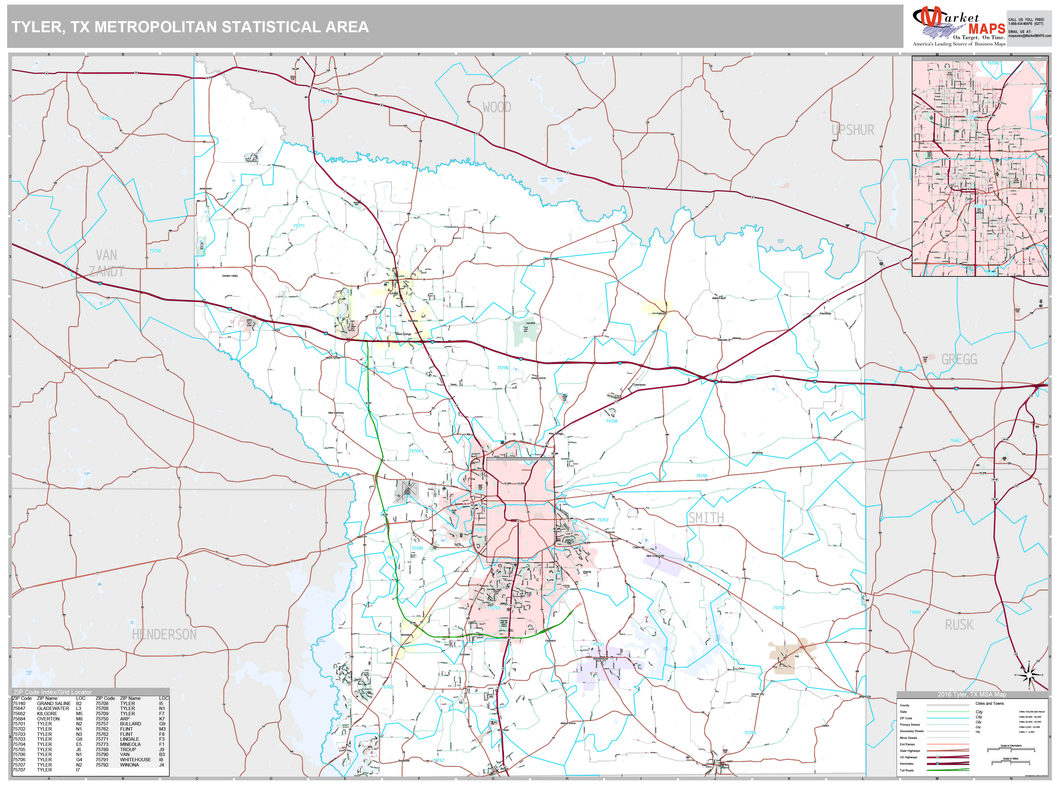 Tyler, TX Metro Area Wall Map Premium Style by MarketMAPS - MapSales