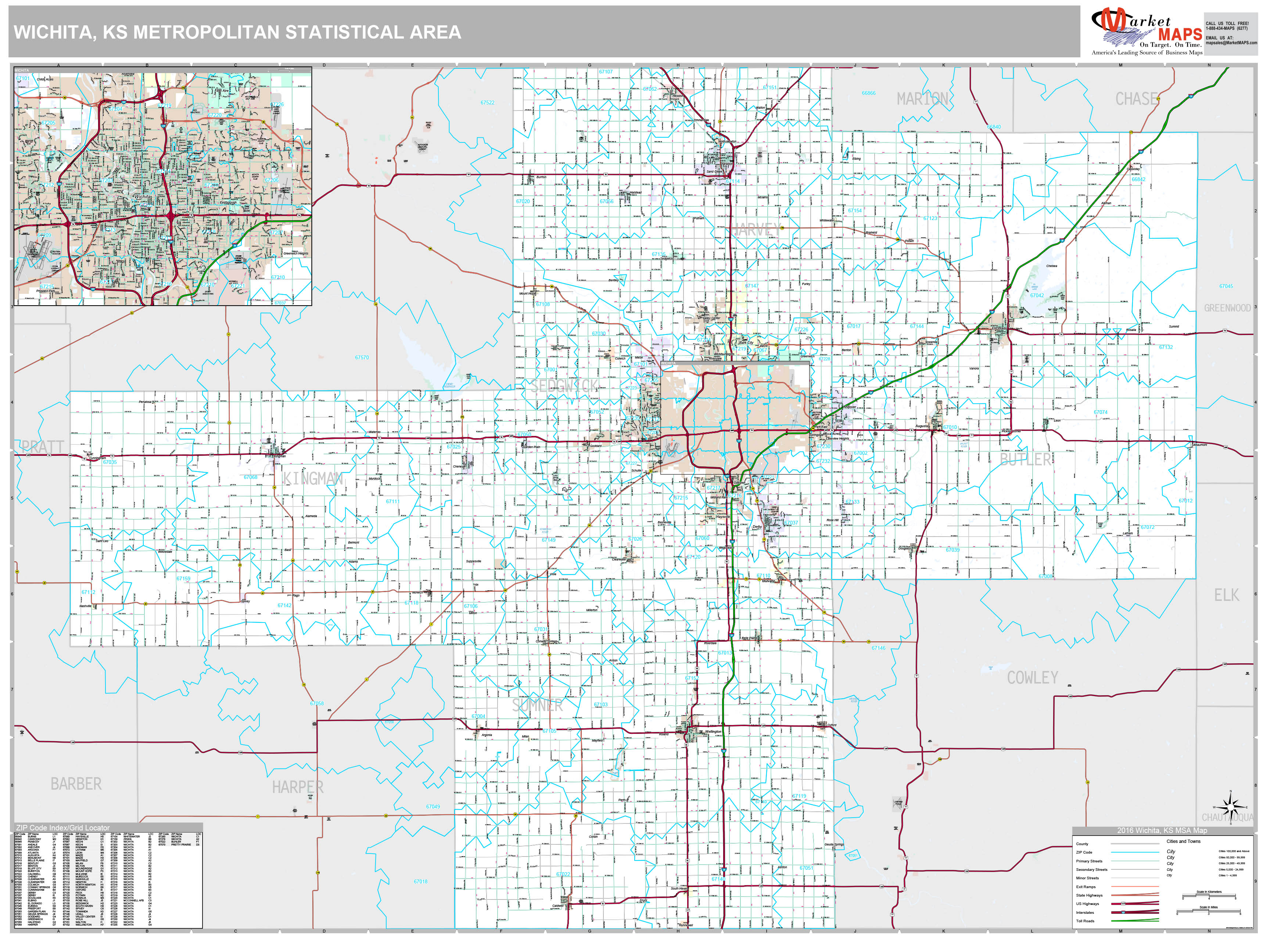 Wichita, KS Metro Area Wall Map Premium Style by MarketMAPS - MapSales