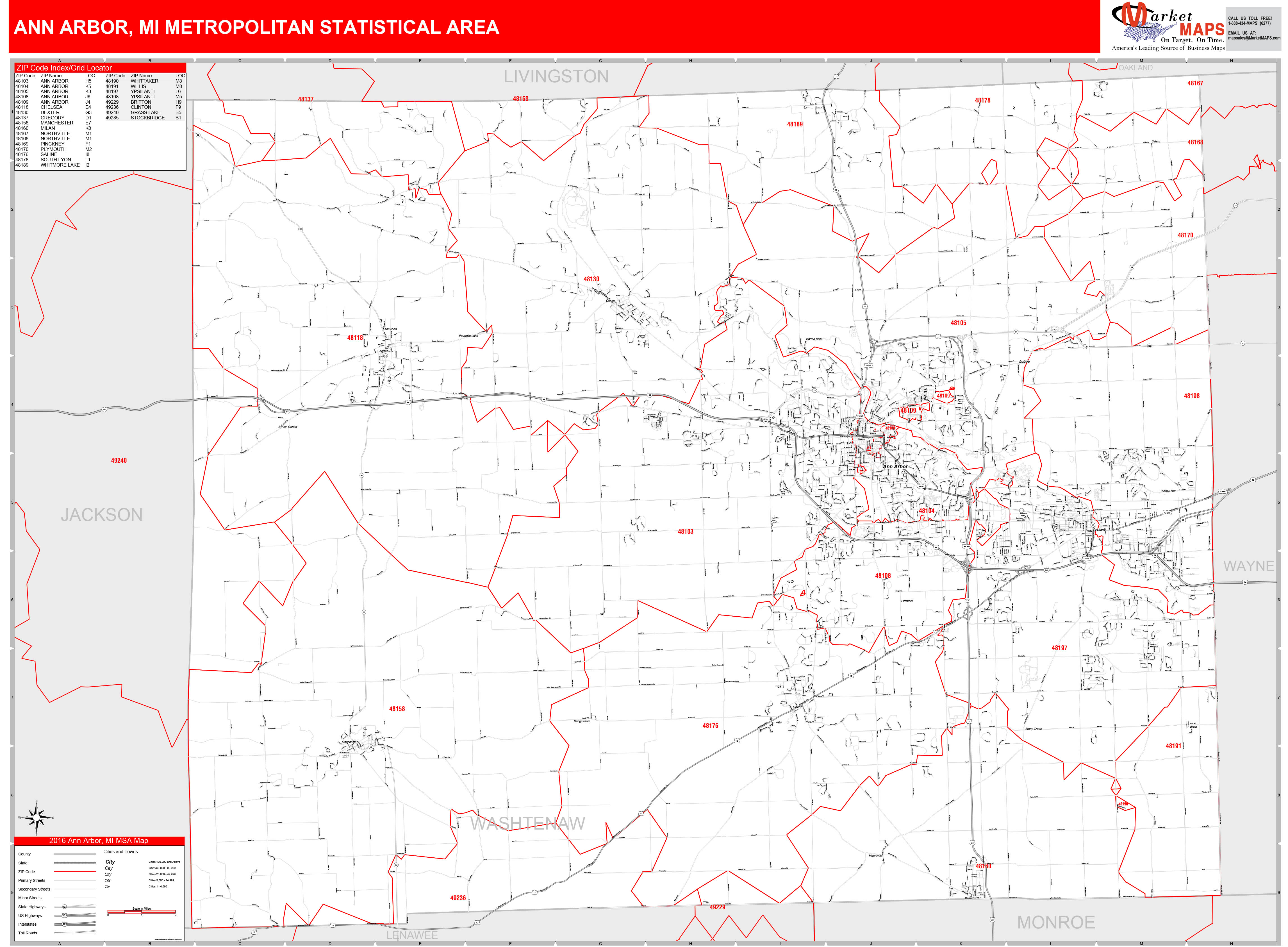Ann Arbor, MI Metro Area Wall Map Red Line Style by MarketMAPS