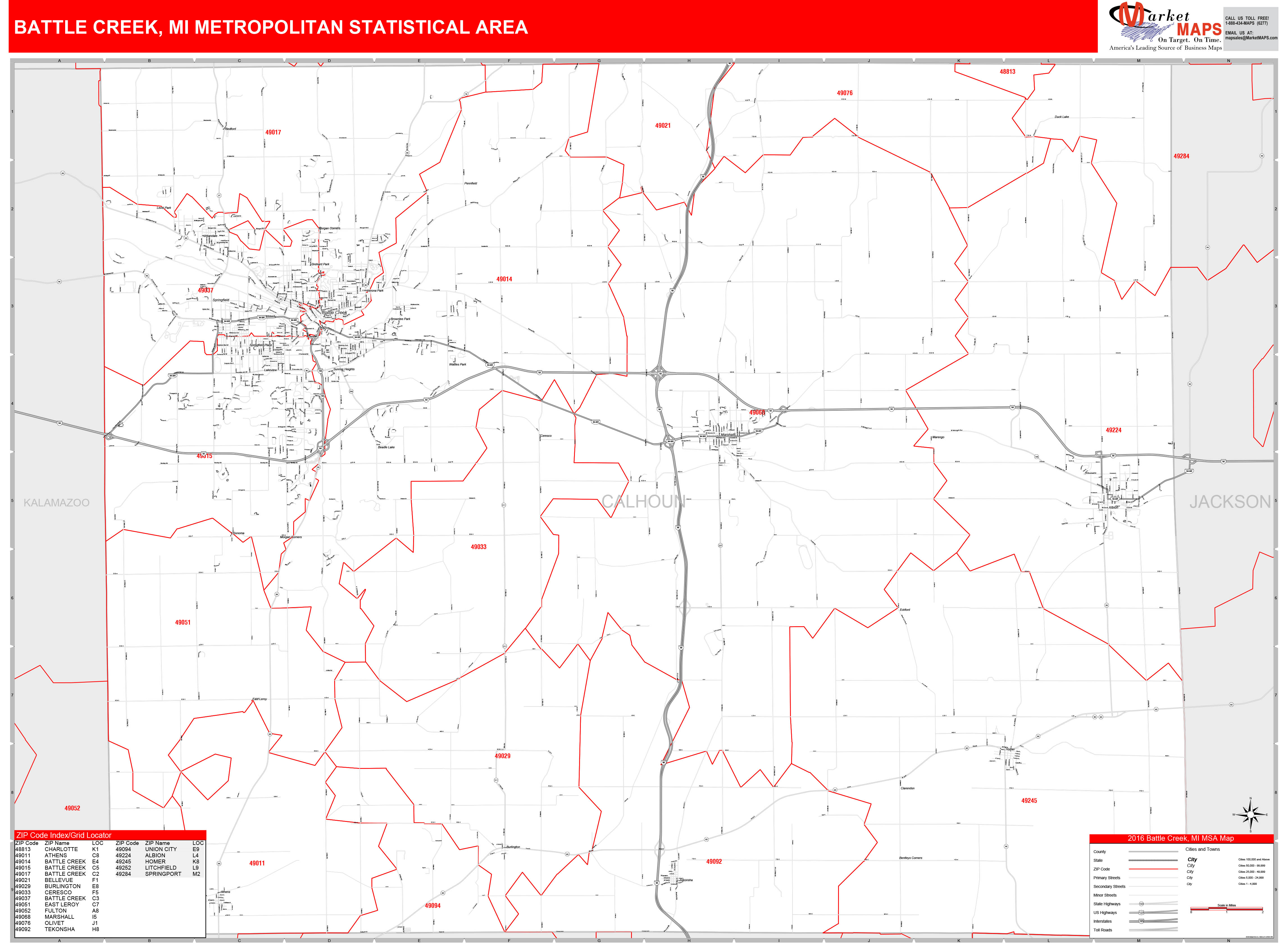 Battle Creek, MI Metro Area Wall Map Red Line Style by MarketMAPS