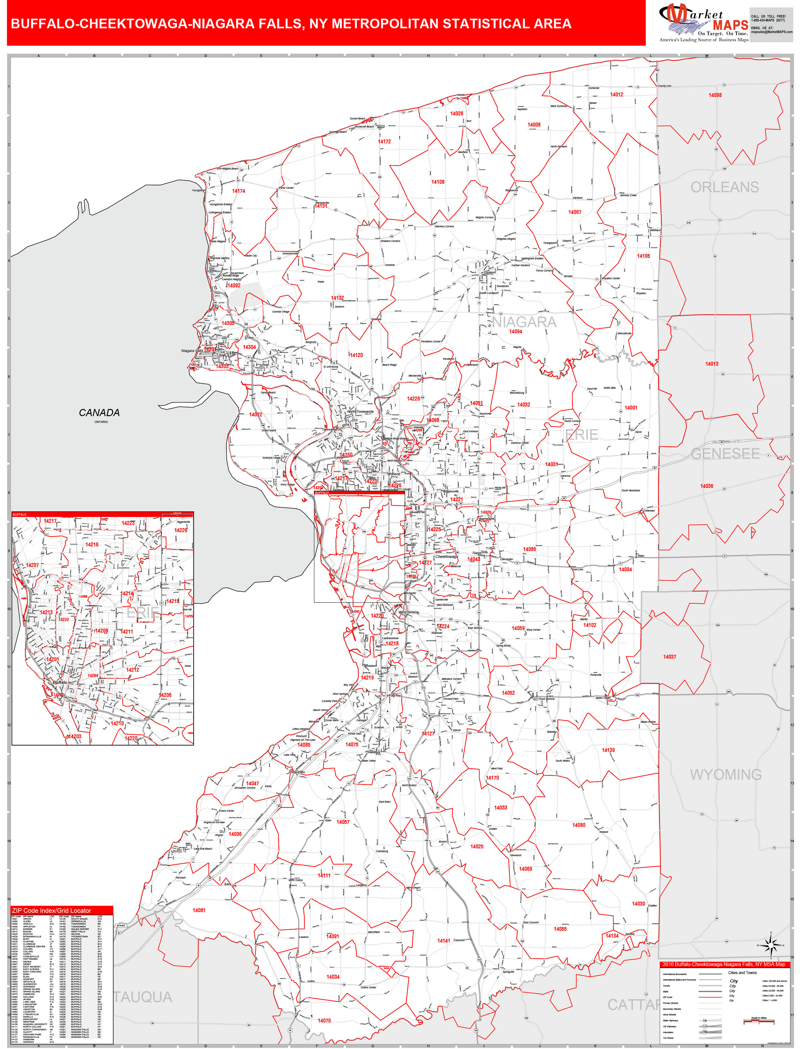 Buffalo-Cheektowaga-Niagara Falls, NY Metro Area Wall Map Red Line ...