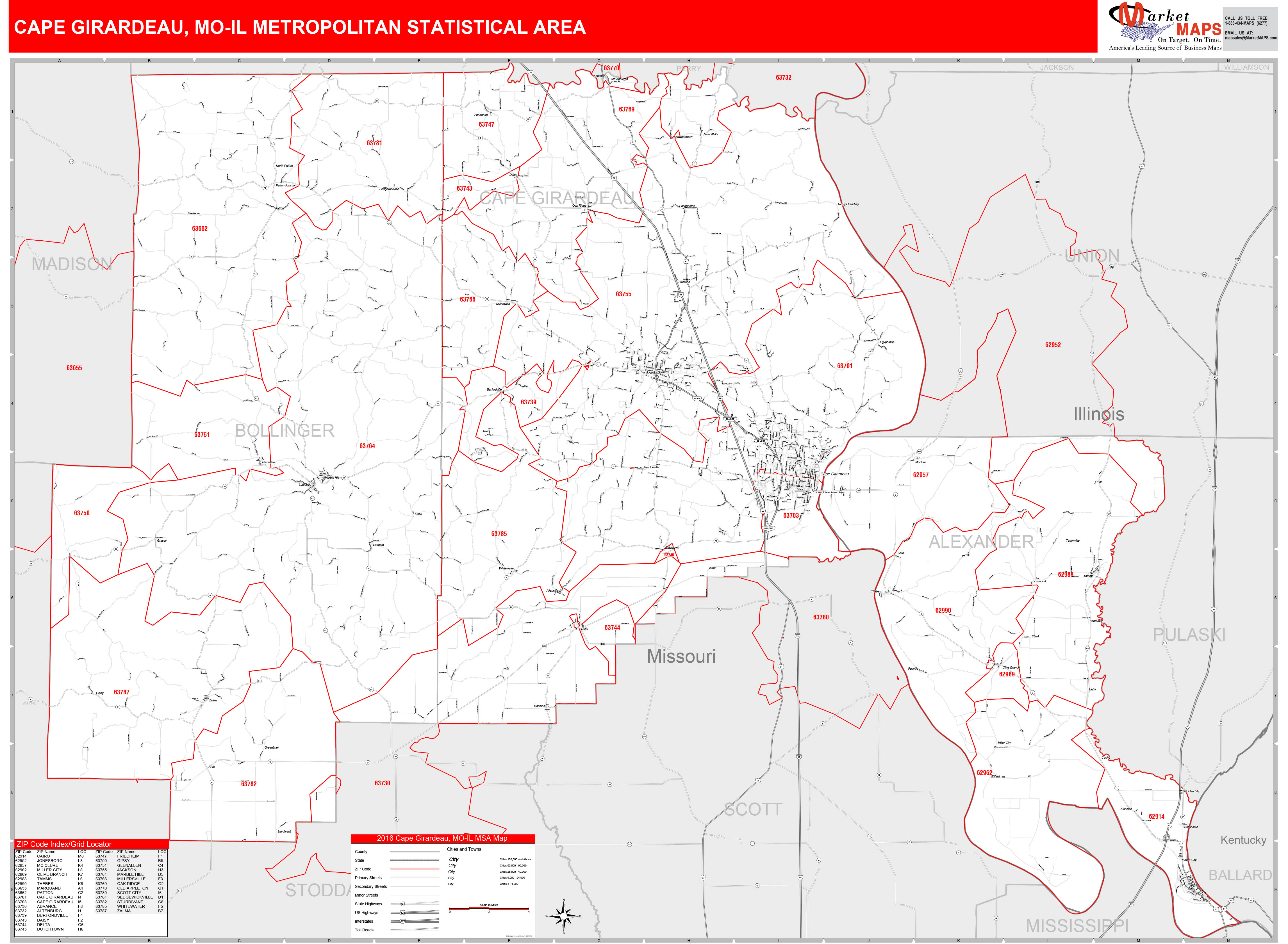 Cape Girardeau, MO Metro Area Wall Map Red Line Style by MarketMAPS