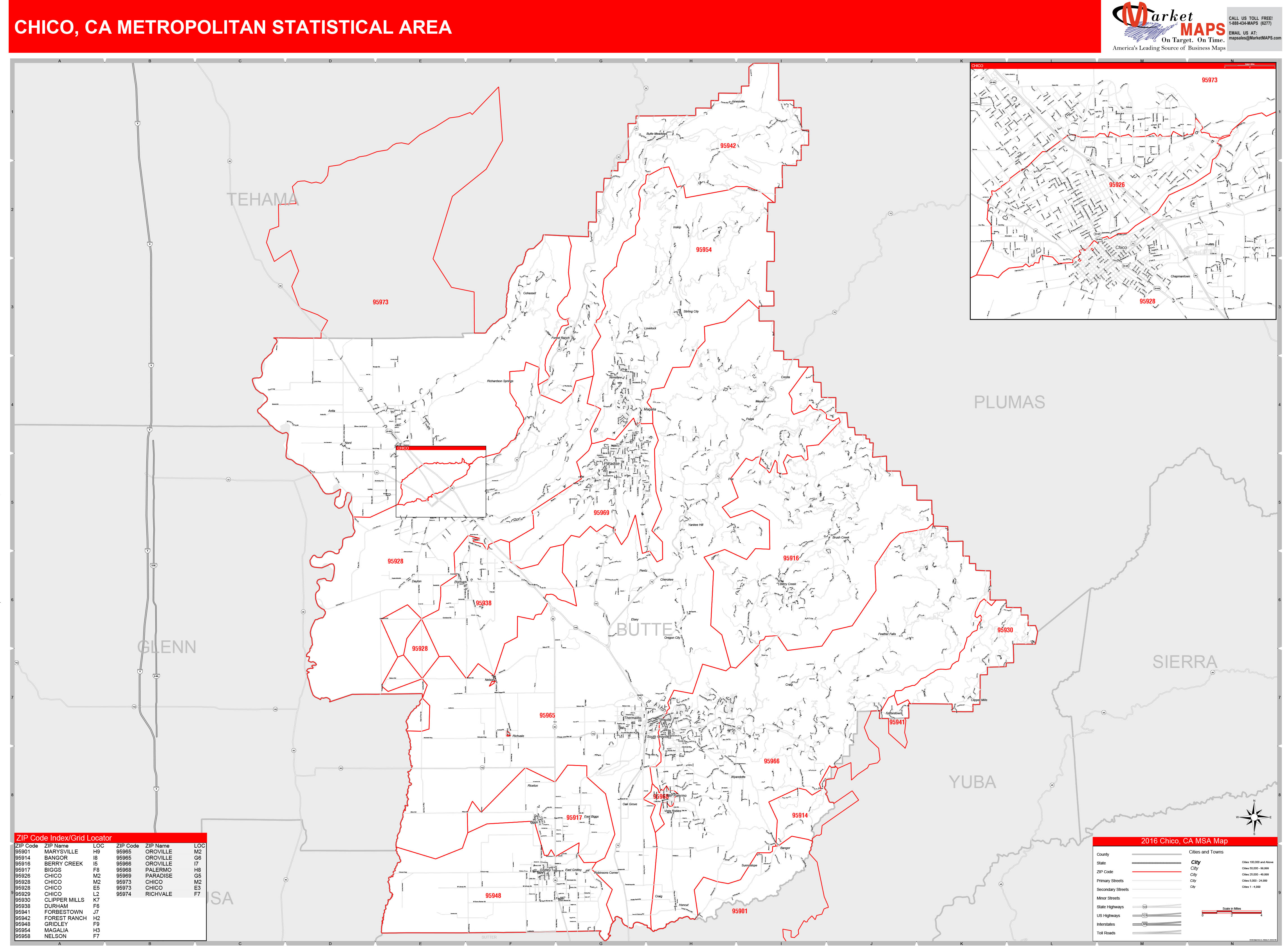 Chico, CA Metro Area Wall Map Red Line Style by MarketMAPS - MapSales