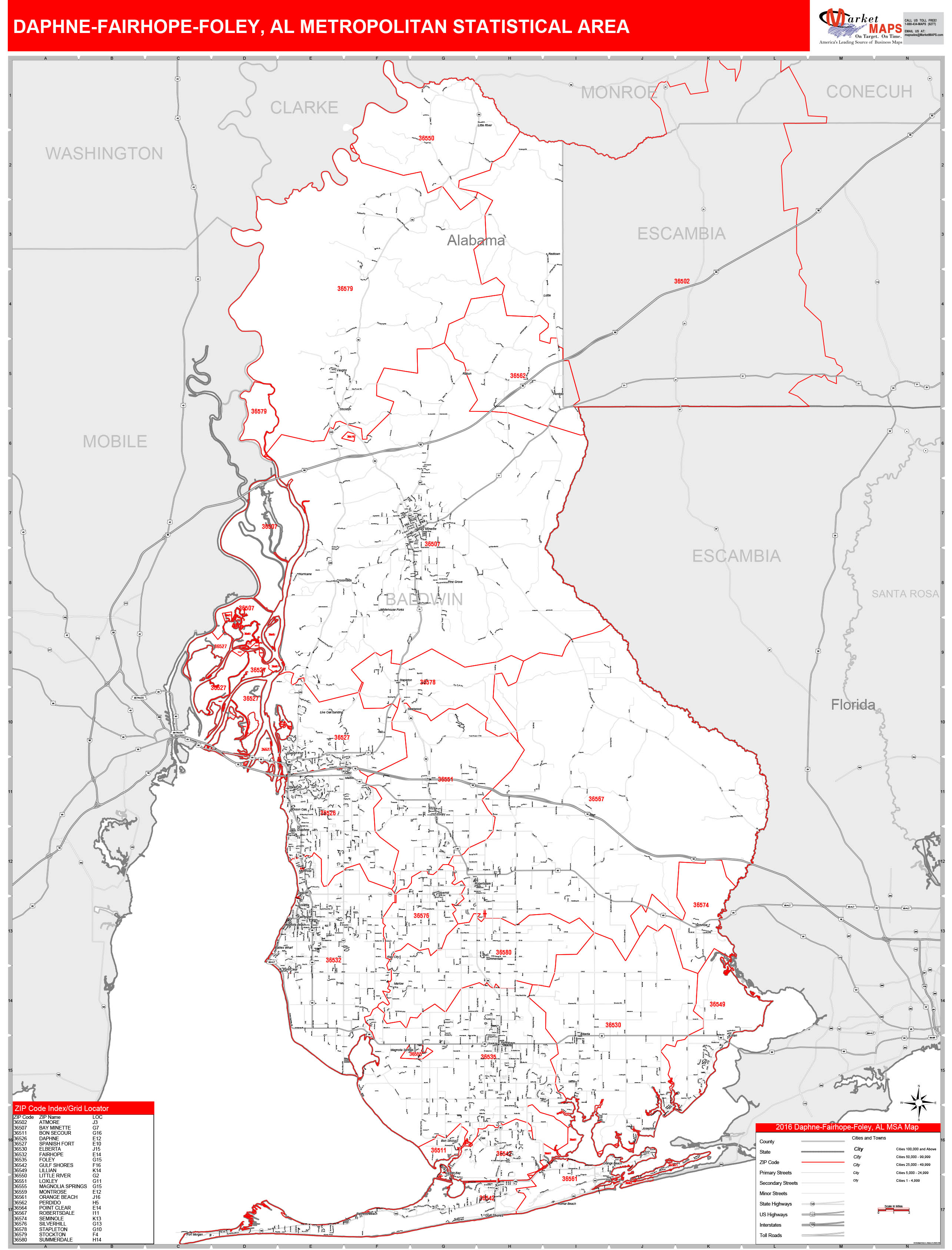 Daphne-Fairhope-Foley, AL Metro Area Wall Map Red Line Style by MarketMAPS