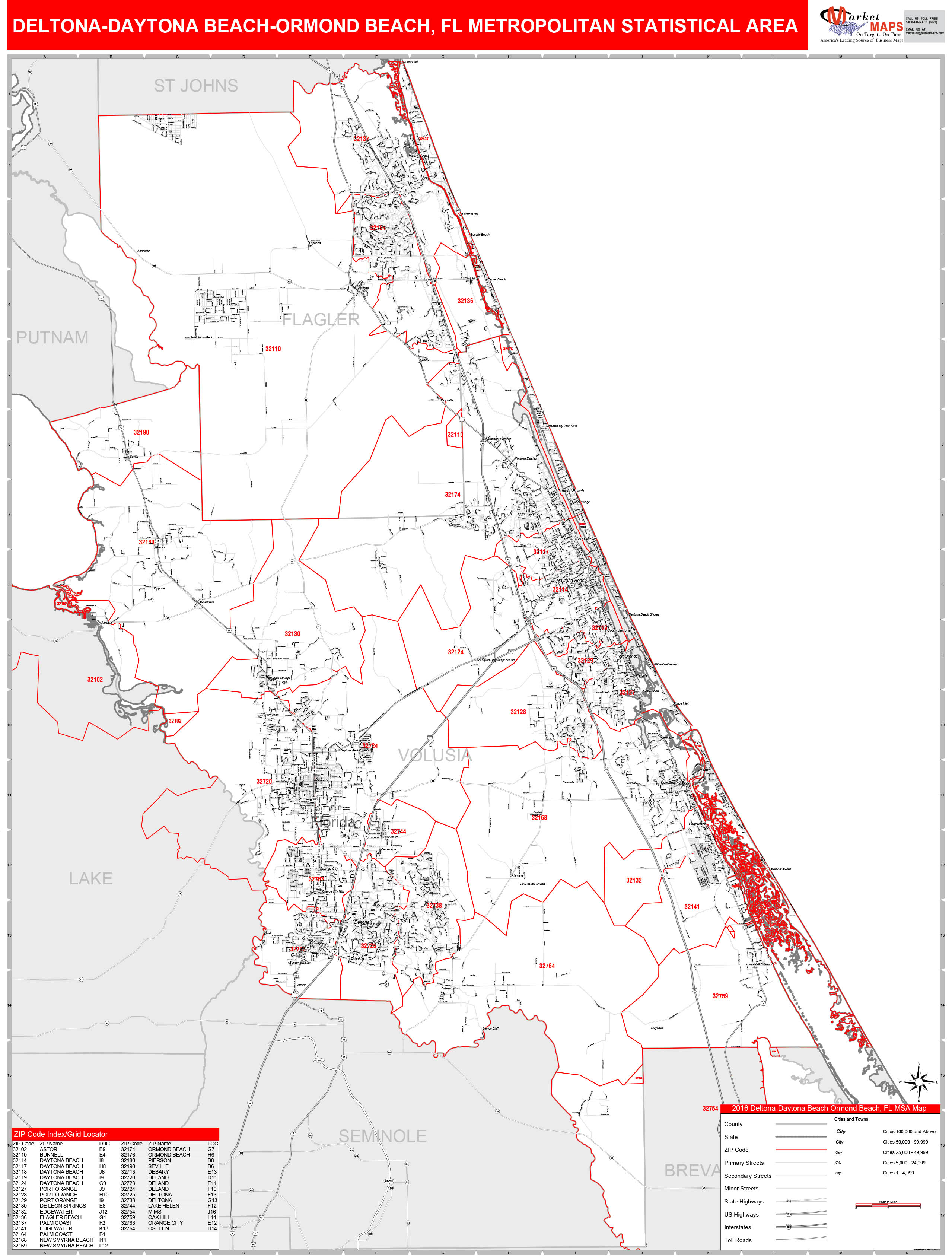 Deltona-Daytona Beach-Ormond Beach, FL Metro Area Wall Map Red Line ...