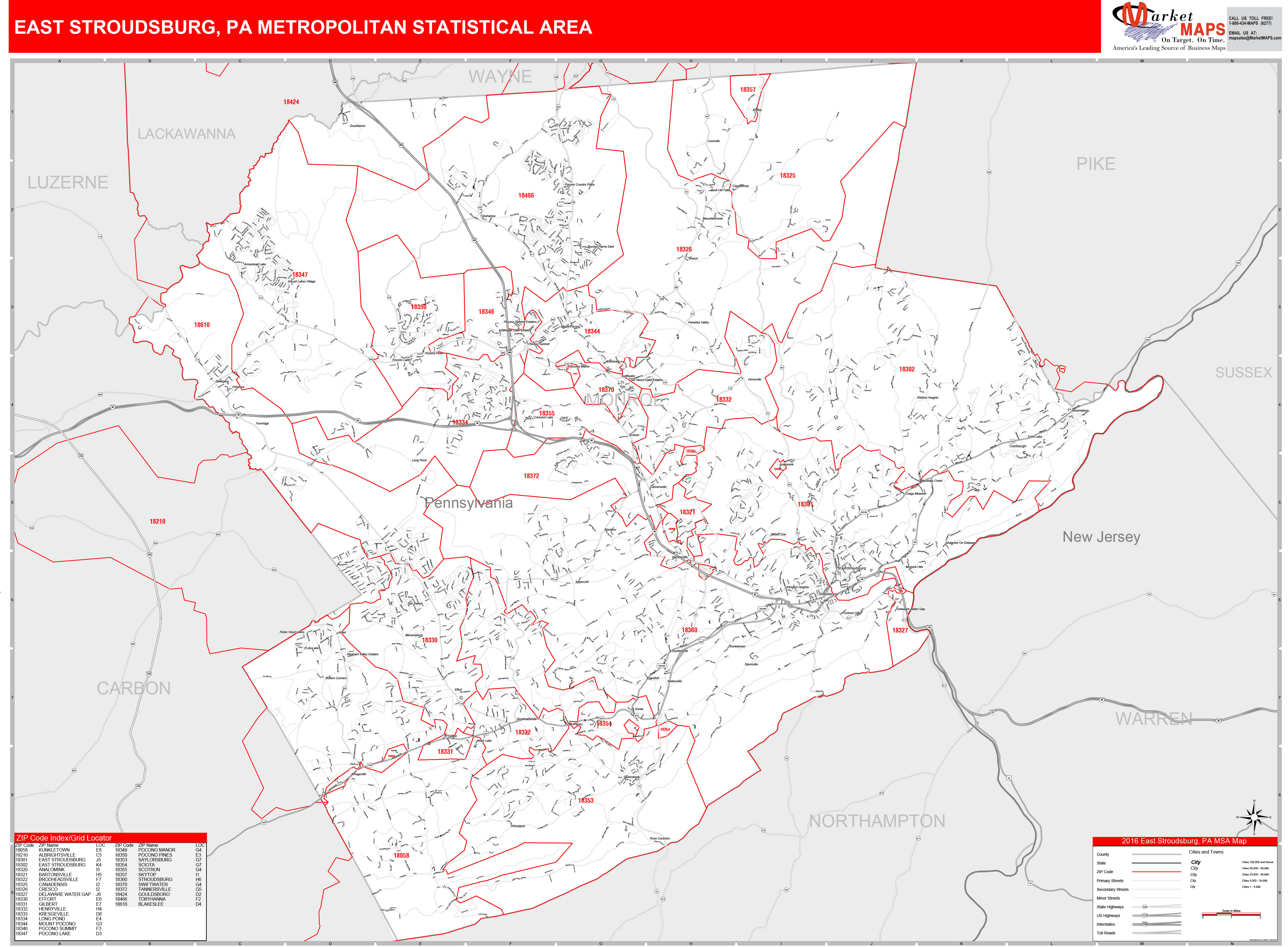 East Stroudsburg, PA Metro Area Wall Map Red Line Style by MarketMAPS