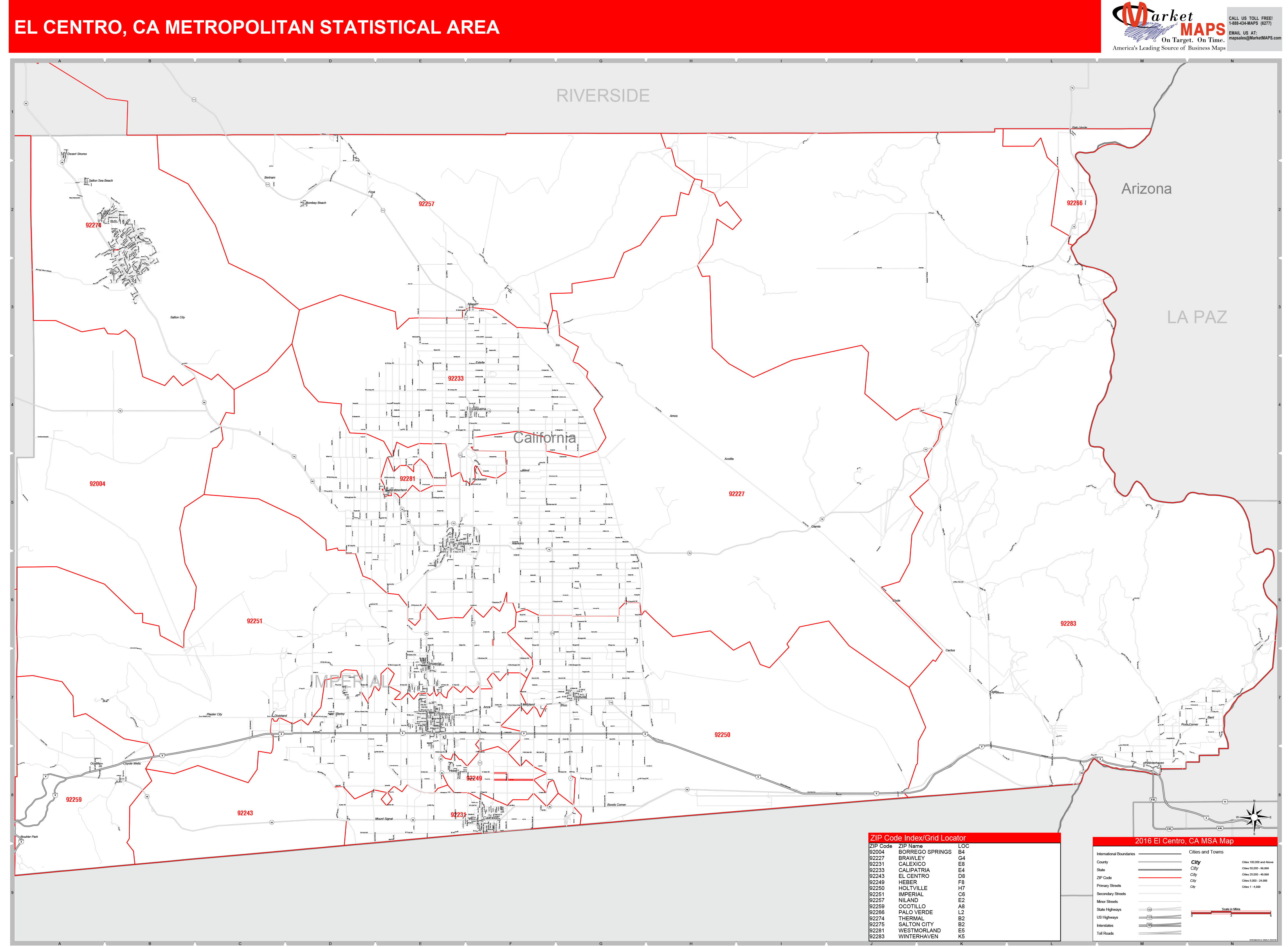 El Centro, CA Metro Area Wall Map Red Line Style by MarketMAPS ...