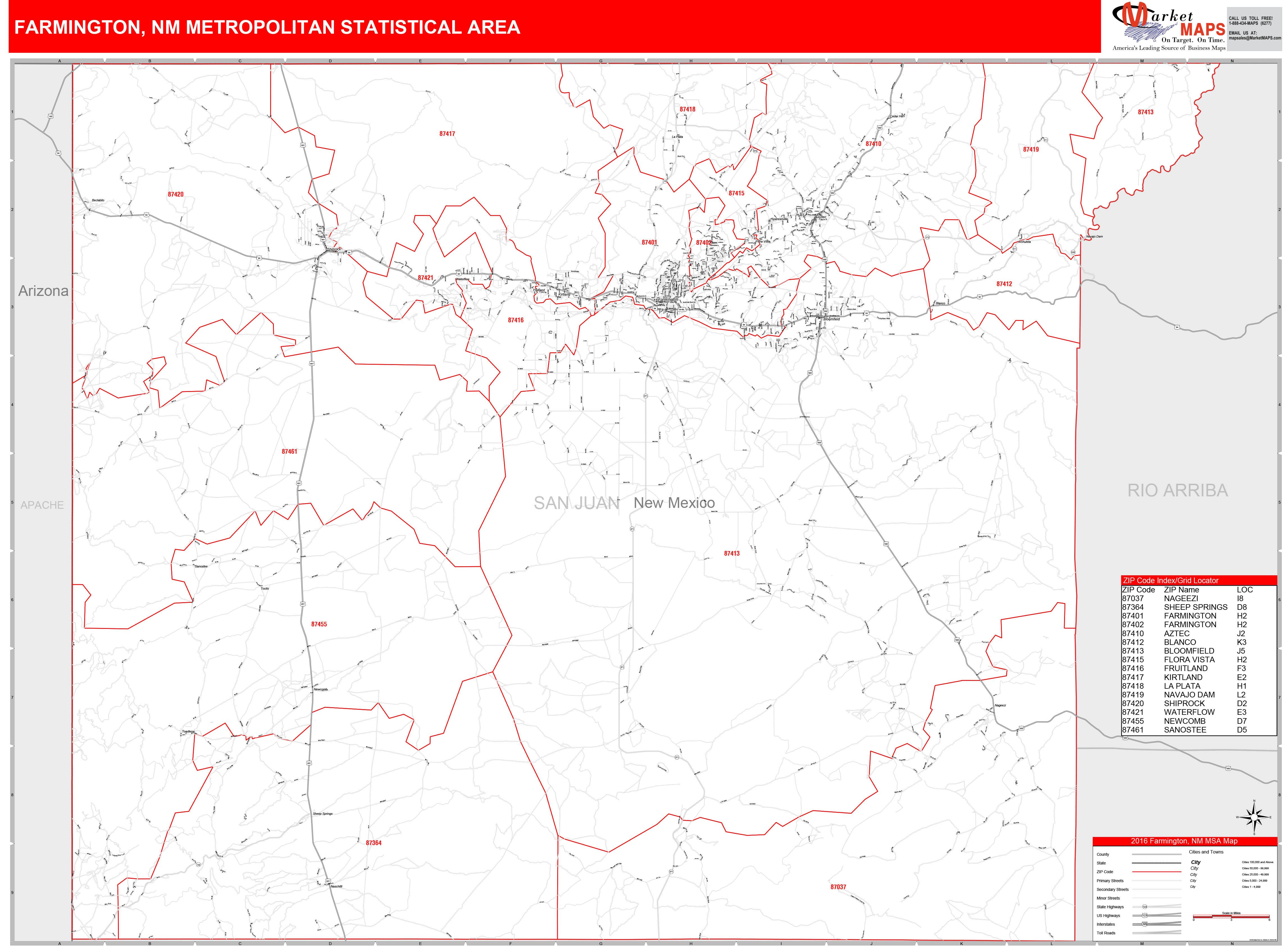 Farmington, NM Metro Area Wall Map Red Line Style by MarketMAPS - MapSales