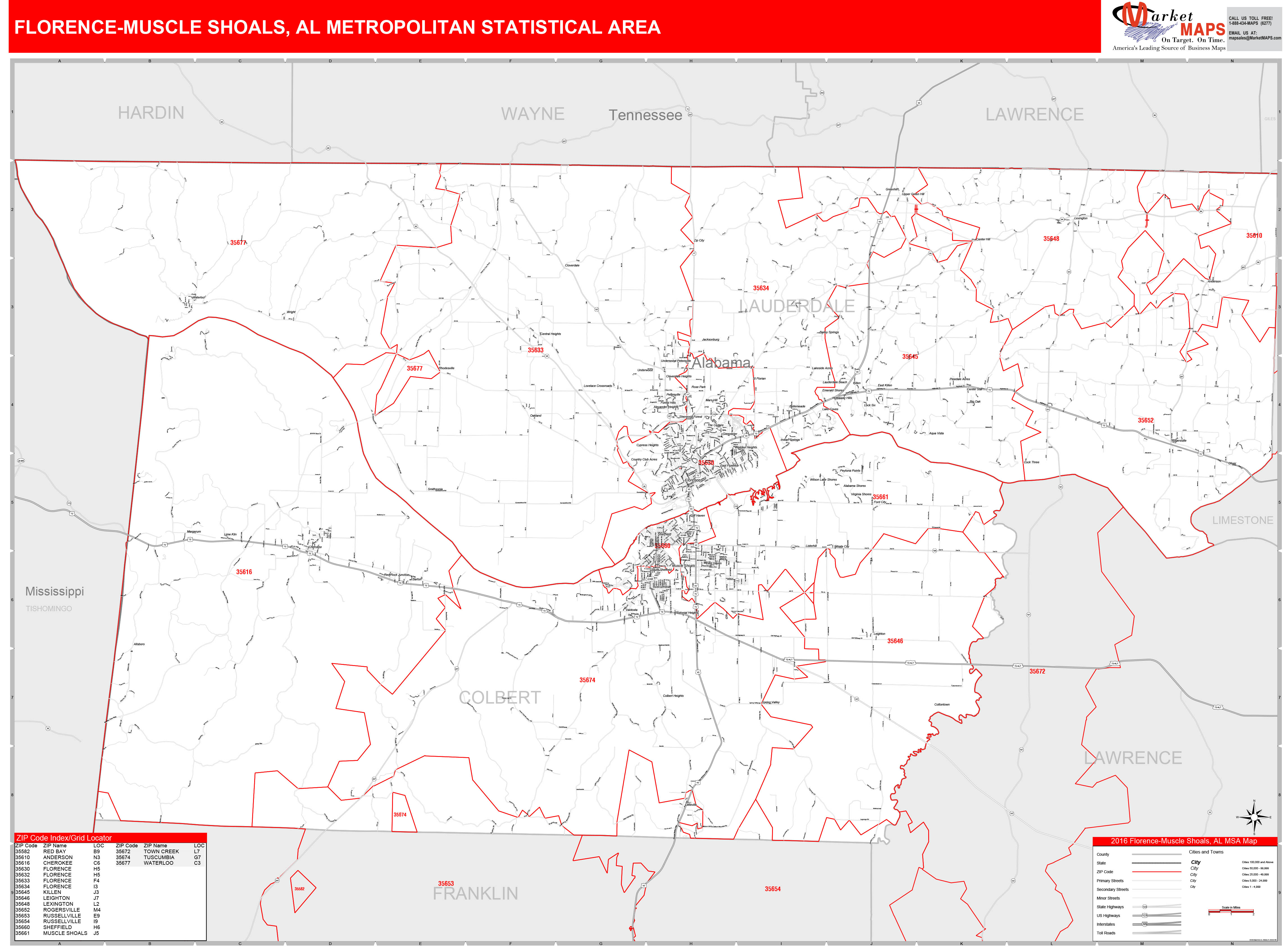 Florence-Muscle Shoals, AL Metro Area Wall Map Red Line Style by ...