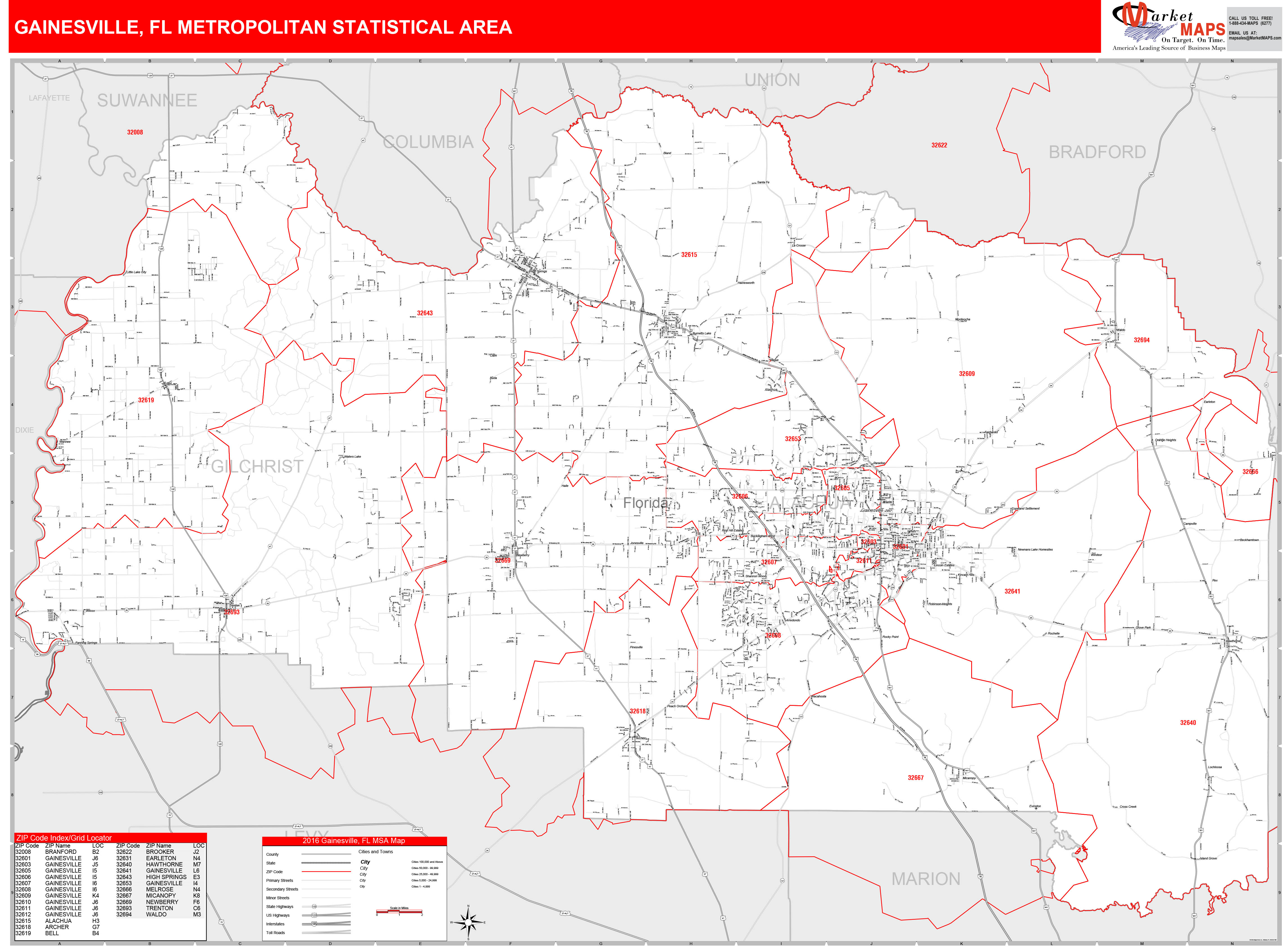 Gainesville, FL Metro Area Wall Map Red Line Style by MarketMAPS ...
