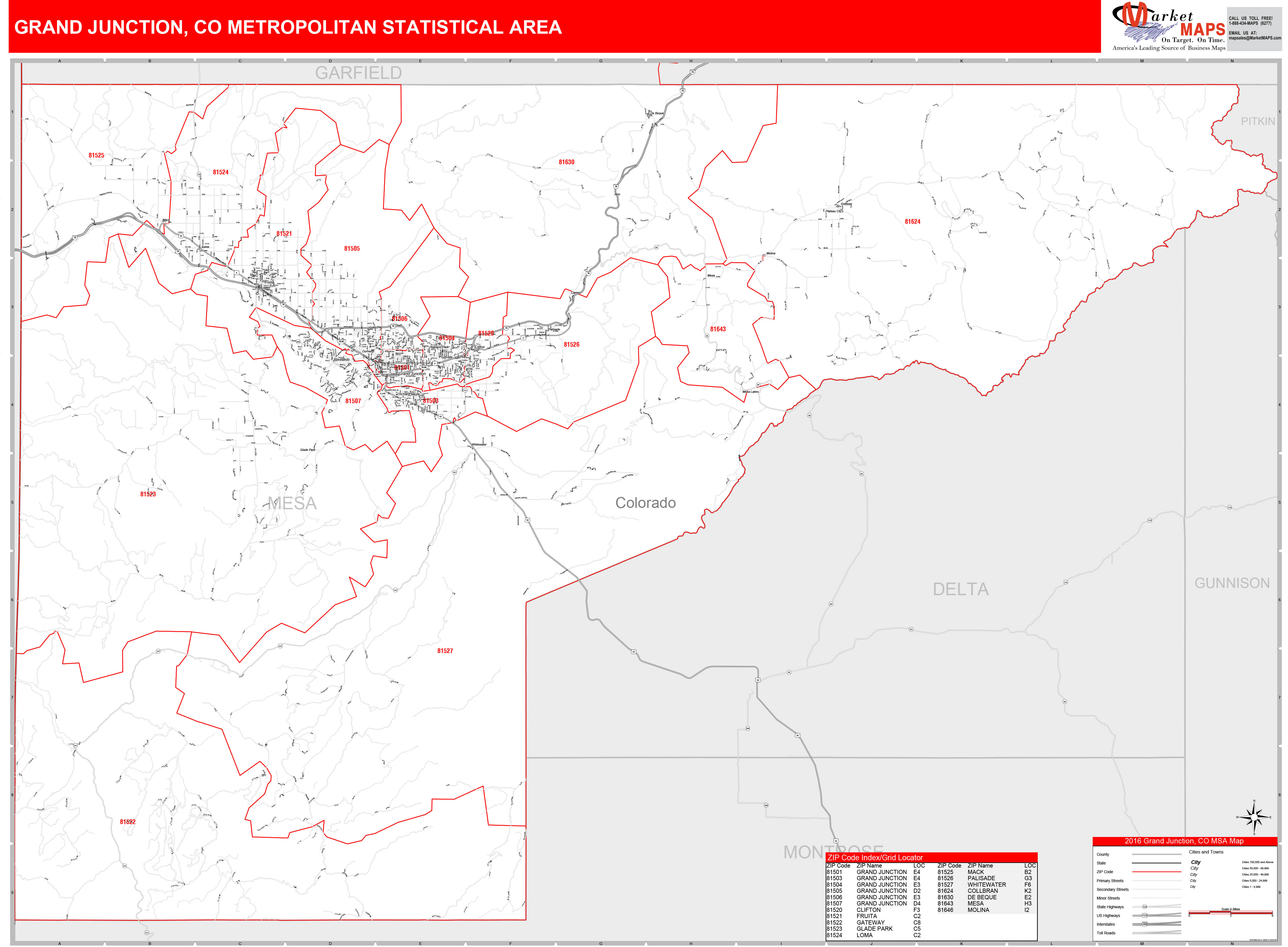 Grand Junction, CO Metro Area Wall Map Red Line Style by MarketMAPS ...