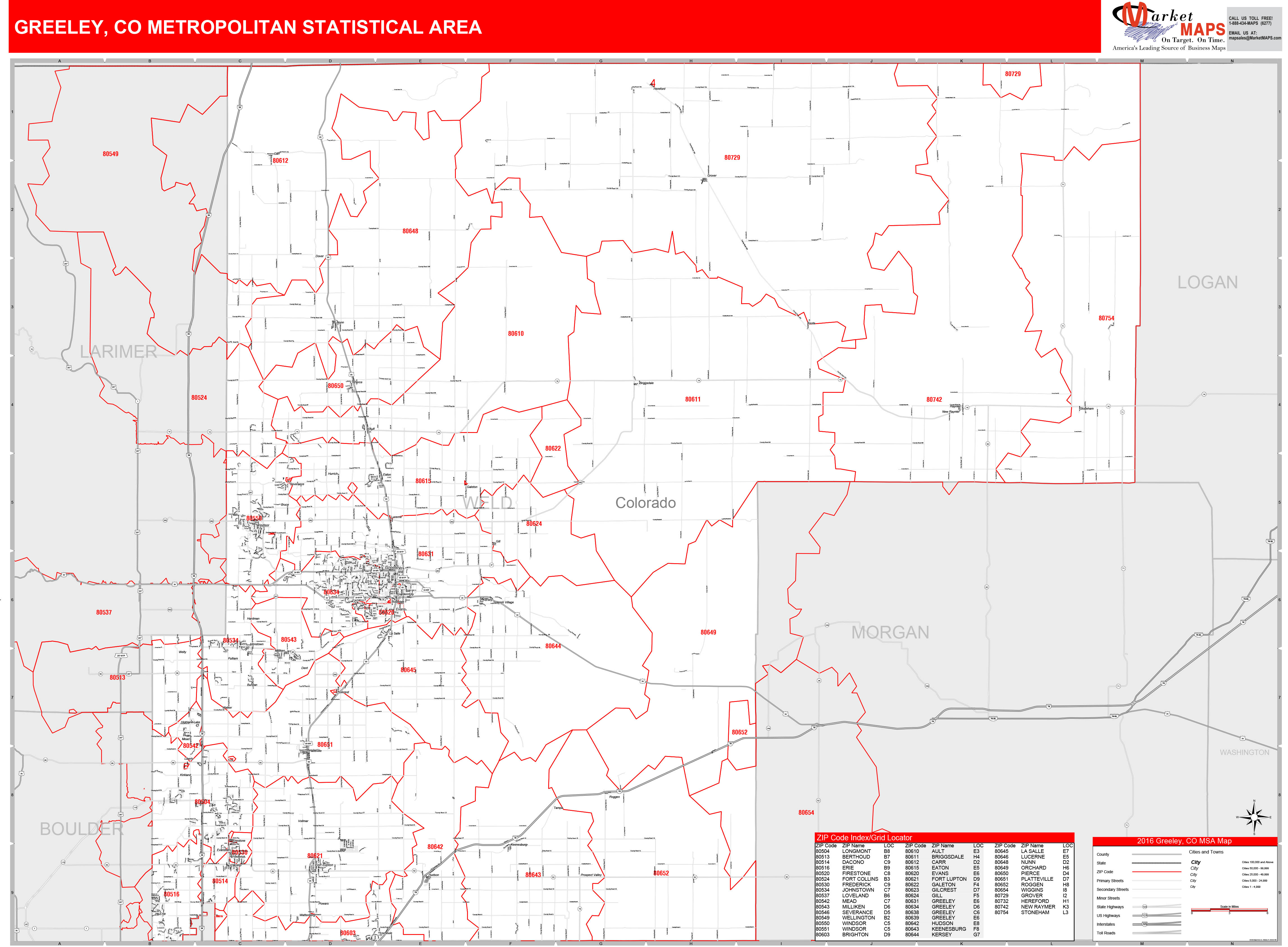 Greeley, CO Metro Area Wall Map Red Line Style by MarketMAPS - MapSales.com