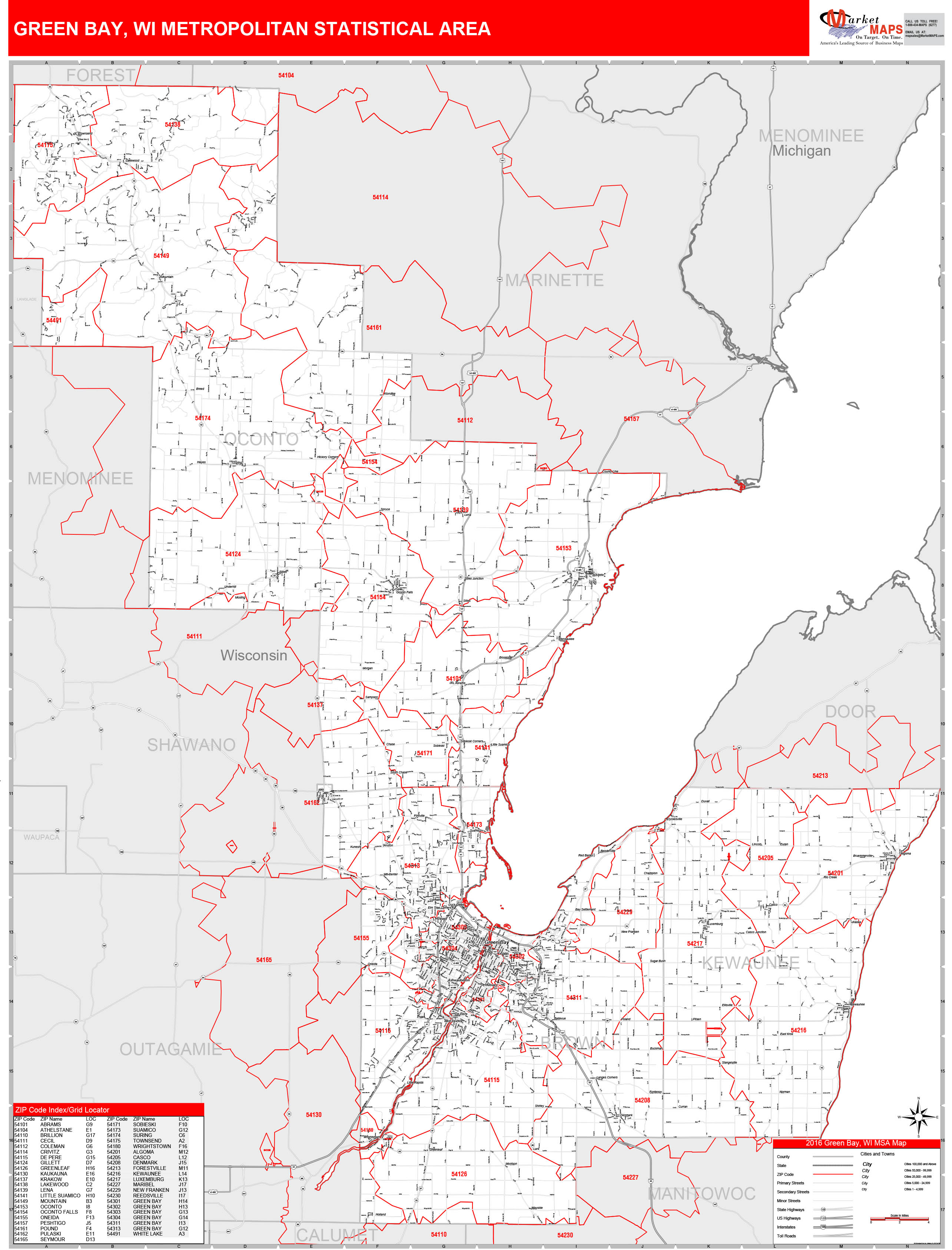 Green Bay, WI Metro Area Wall Map Red Line Style by MarketMAPS - MapSales