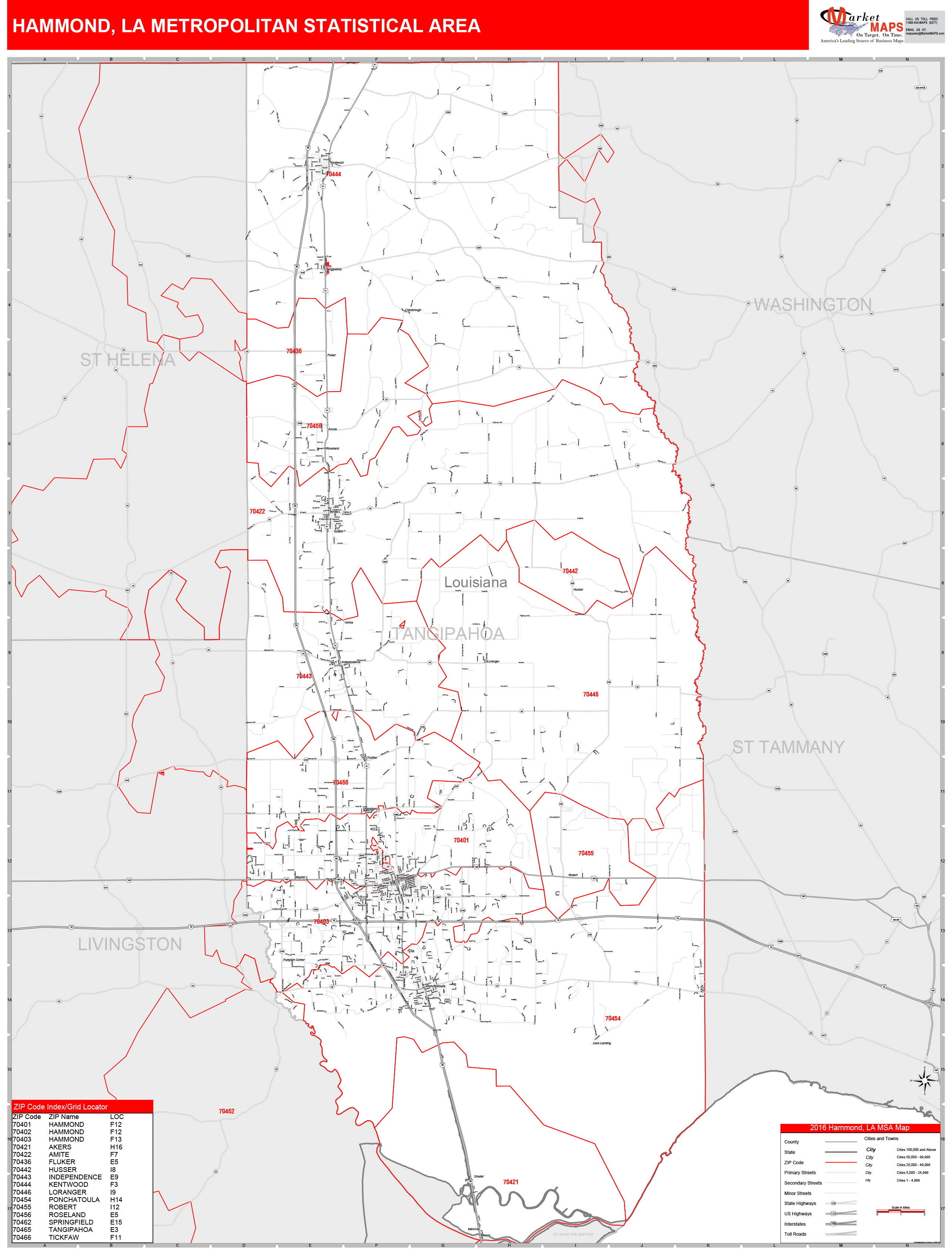 Hammond, LA Metro Area Wall Map Red Line Style by MarketMAPS - MapSales