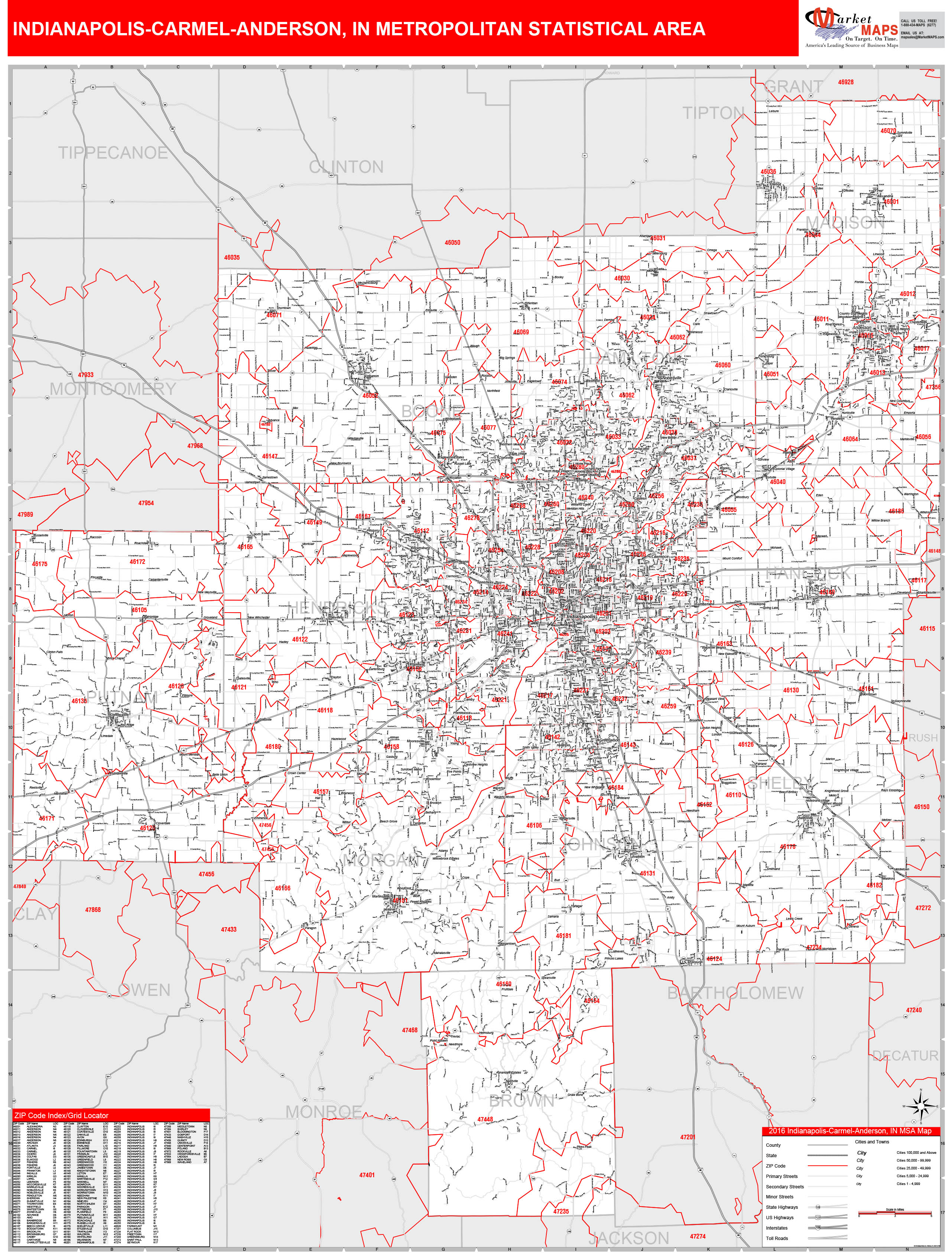 Indianapolis-Carmel-Anderson, IN Metro Area Wall Map Red Line Style by ...